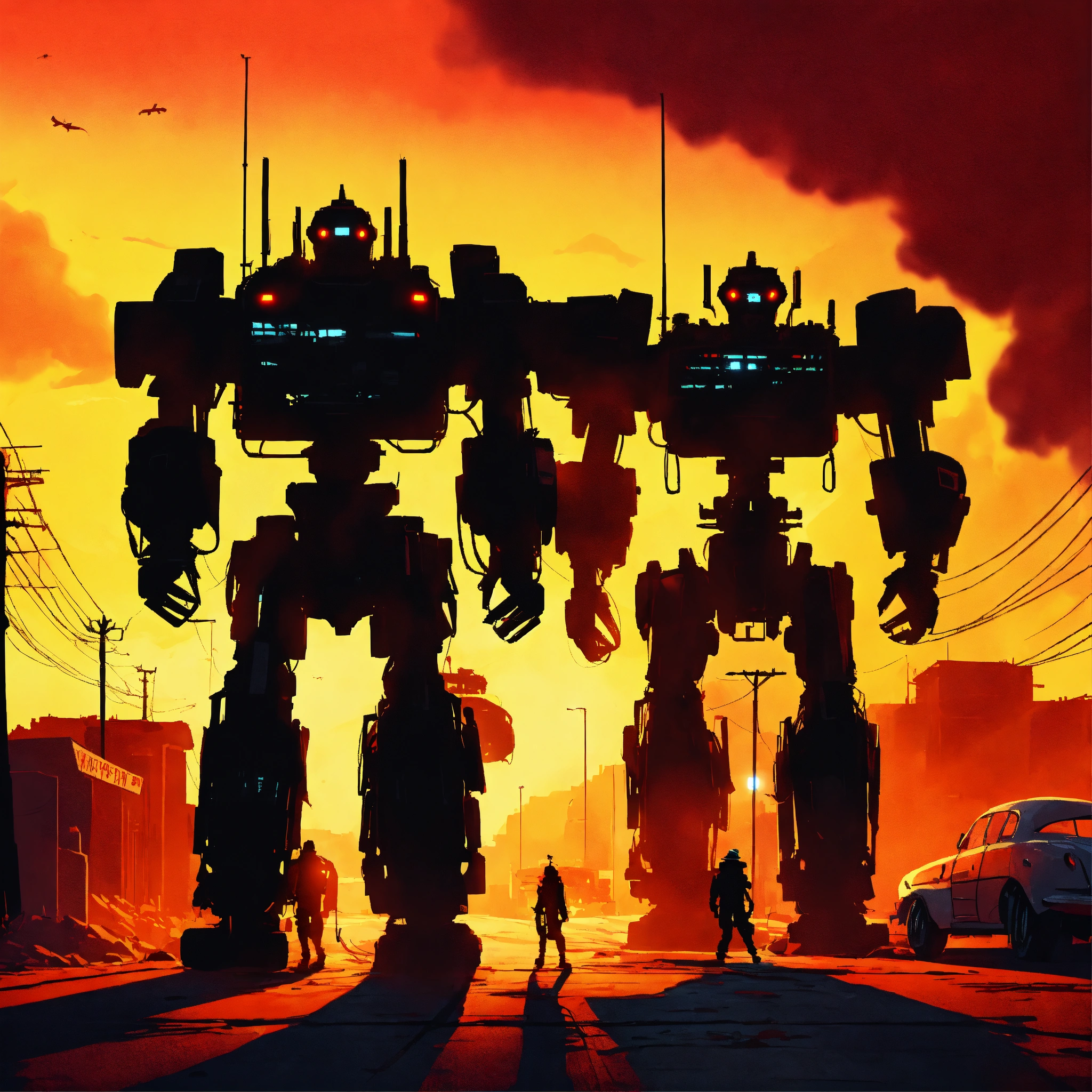 Lexica - Create a cartoon-style image of two immense robots, their ...