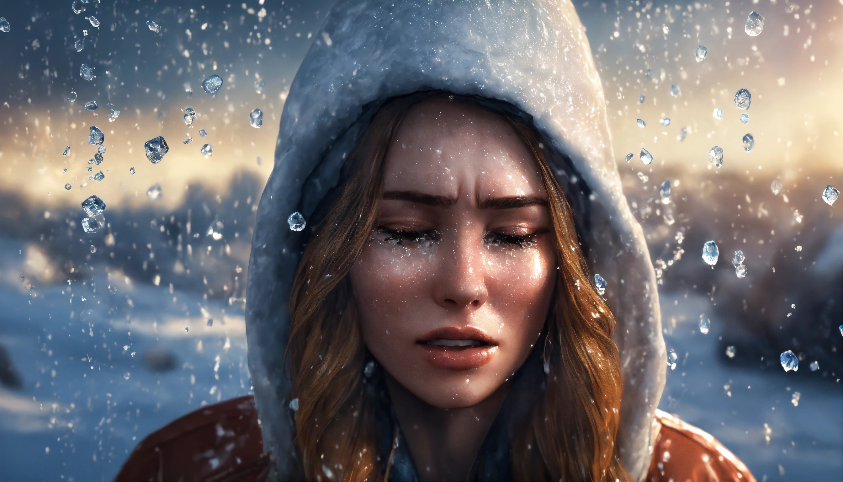 Lexica - Produce images of a woman crying tears of ice in a cold and ...