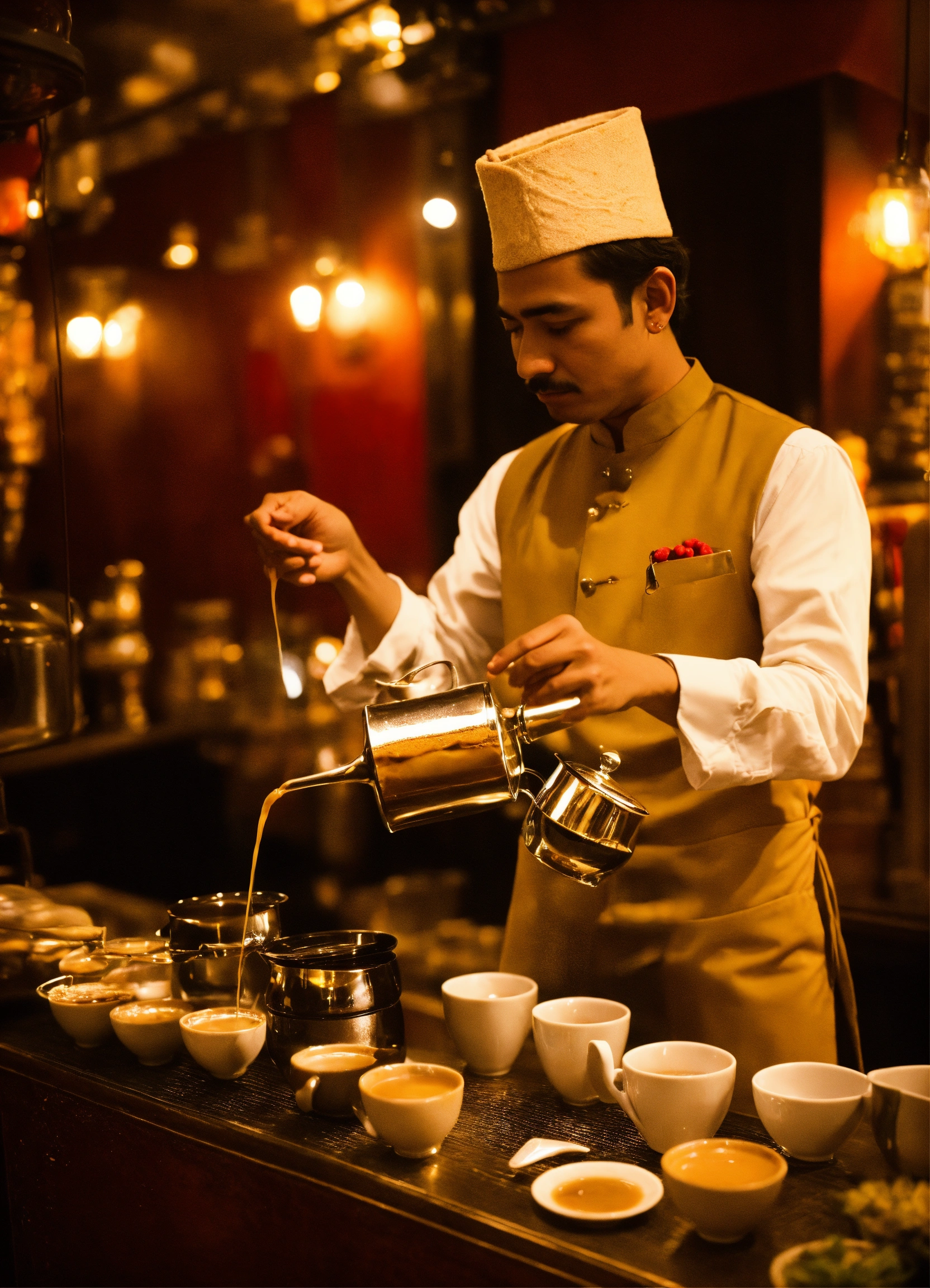 Lexica - Chai master pouring Chai tea from one cup to another cup that ...