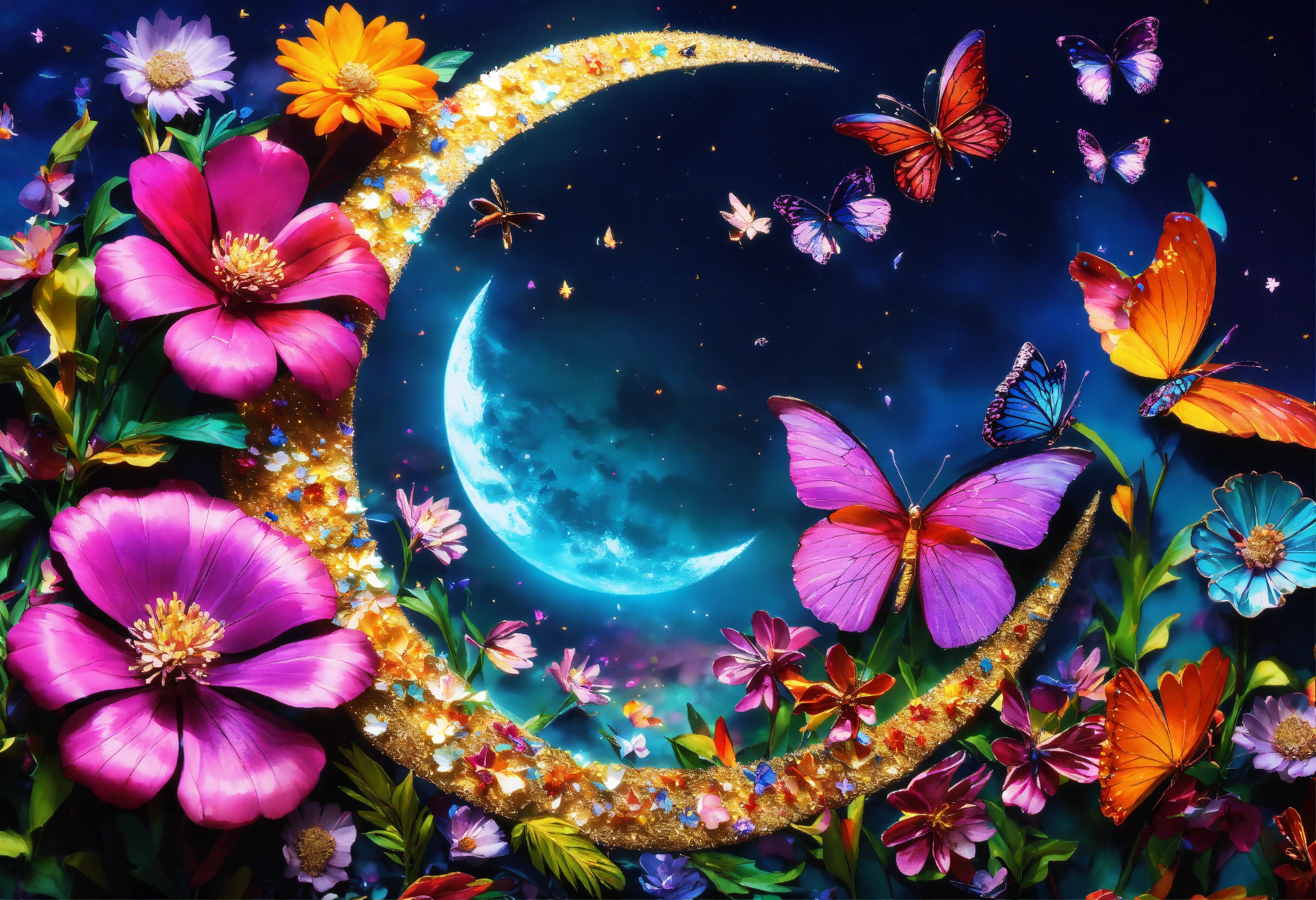 Lexica - A crescent moon with butterflies and flowers made of glittery ...
