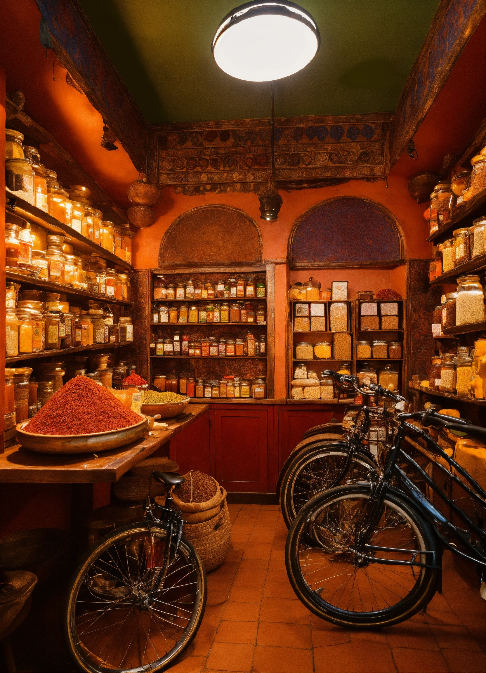 Lexica - Indian restaurant, a vibrant spice bazaar theme, a bicycle with small cart where diners ...