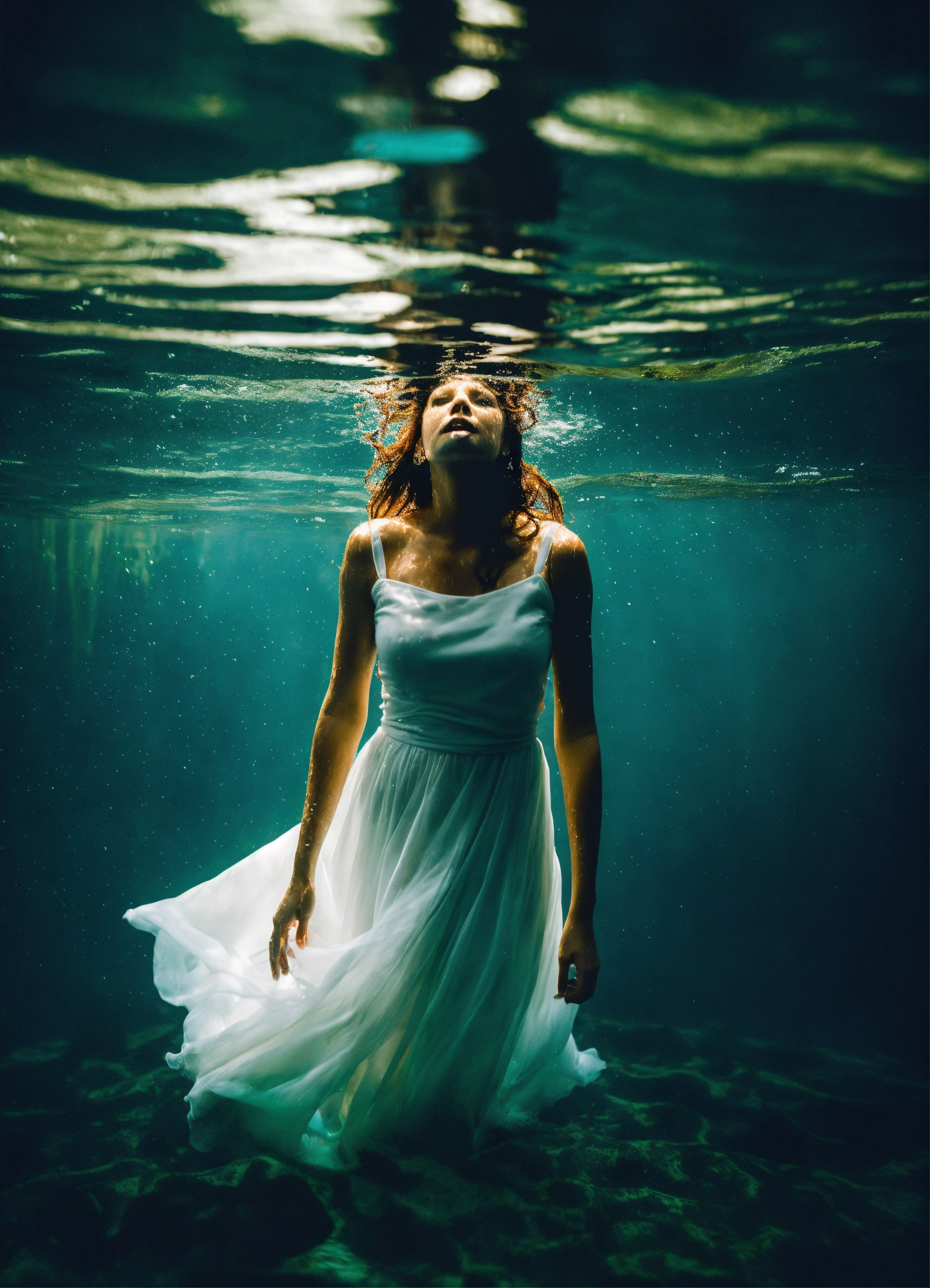 Lexica - The woman in white is drowning under water. dark. scary pictures
