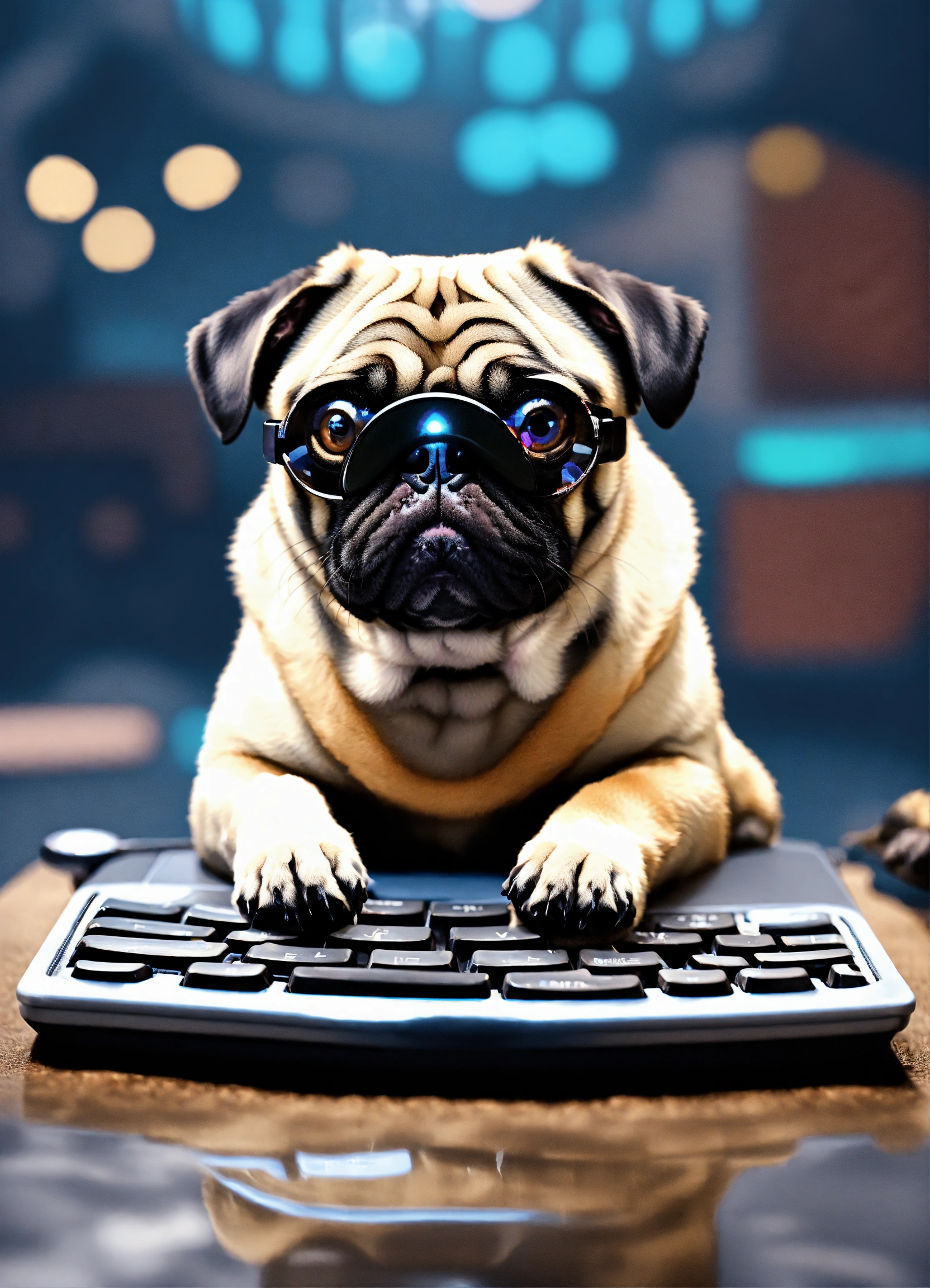 Lexica - Cute pug dog with bionic eye on a floating circular platform ...