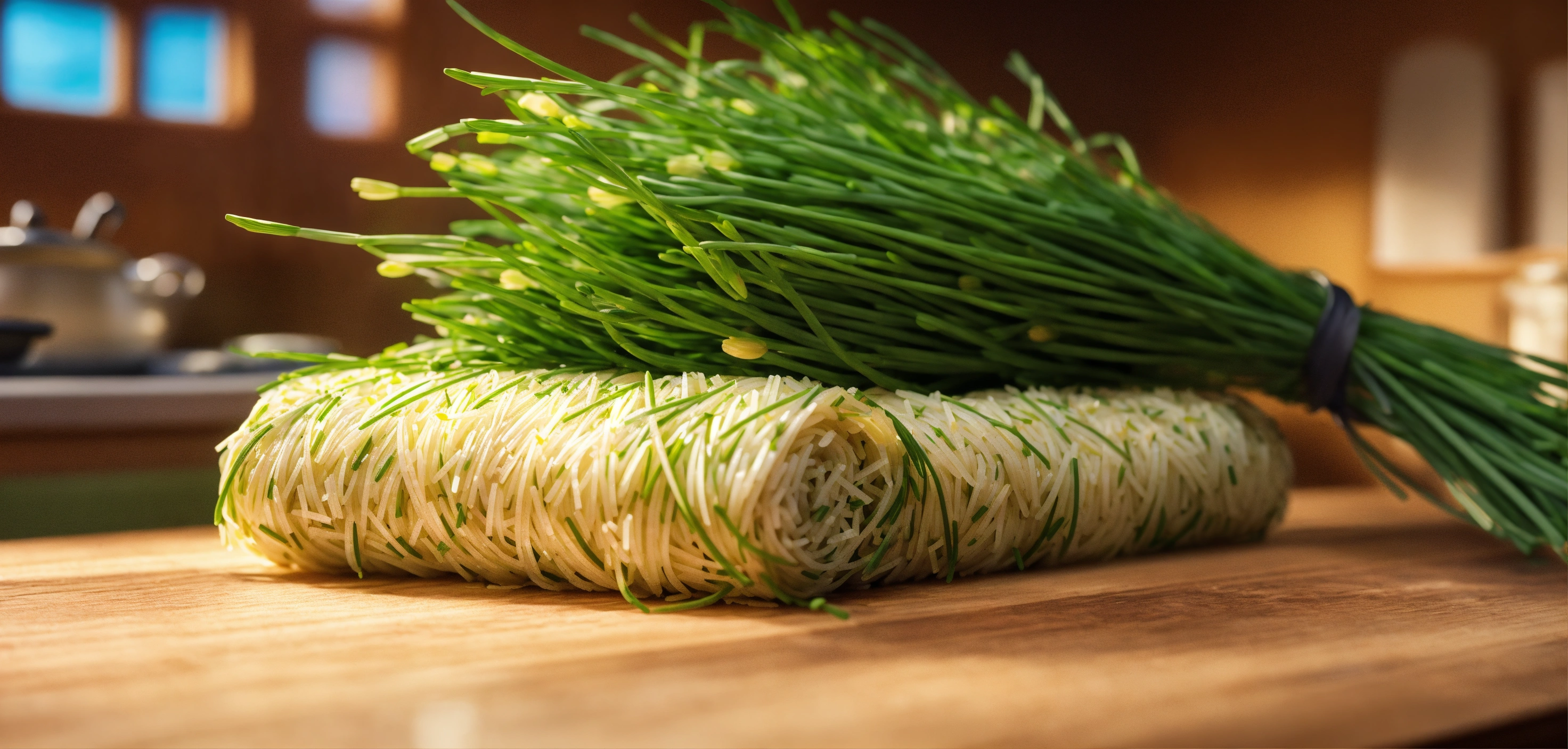 Lexica - Stock photo of small fresh roll of bundled chives on a warm ...