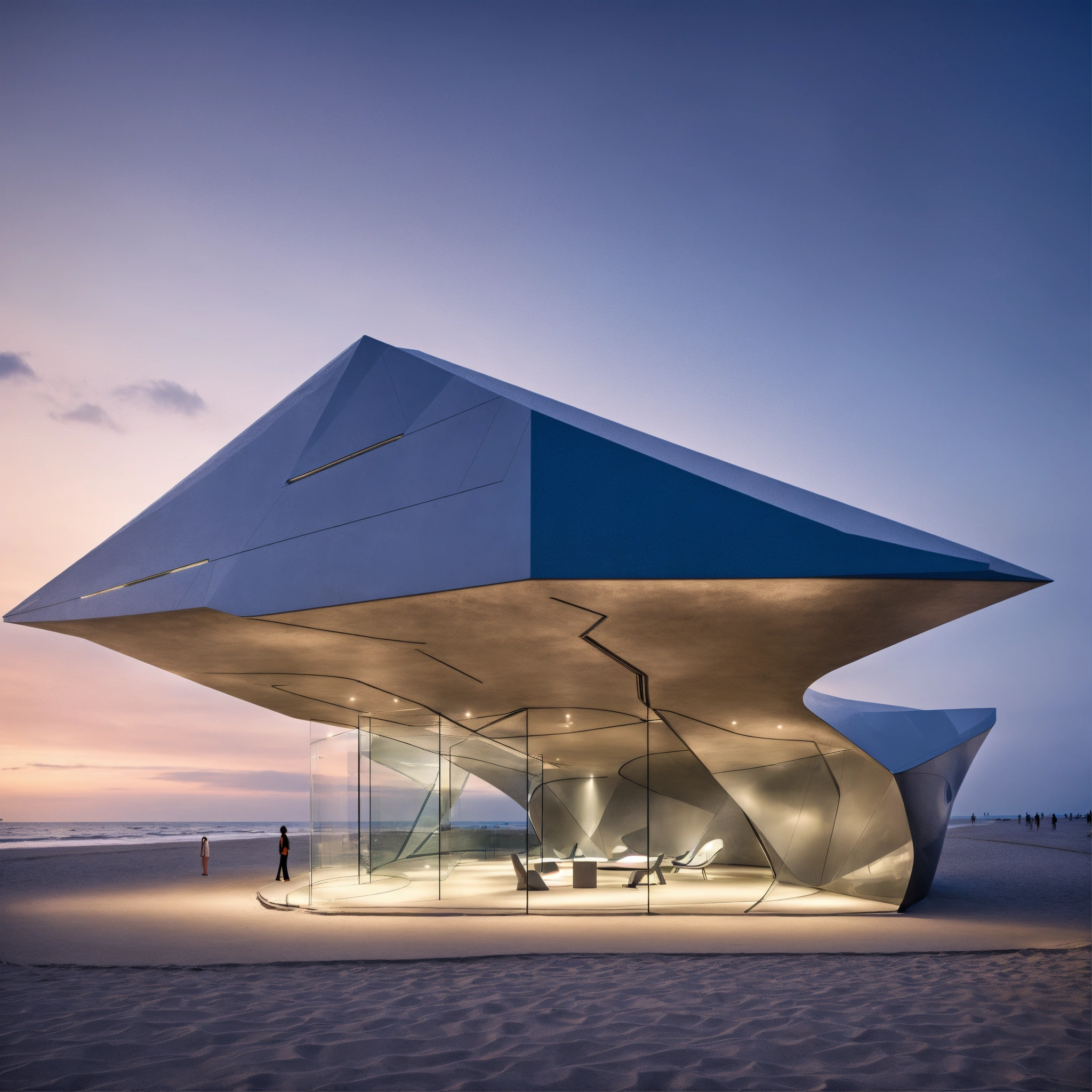 Lexica - Zaha Hadid minimalist museum at the beach made of diamond.