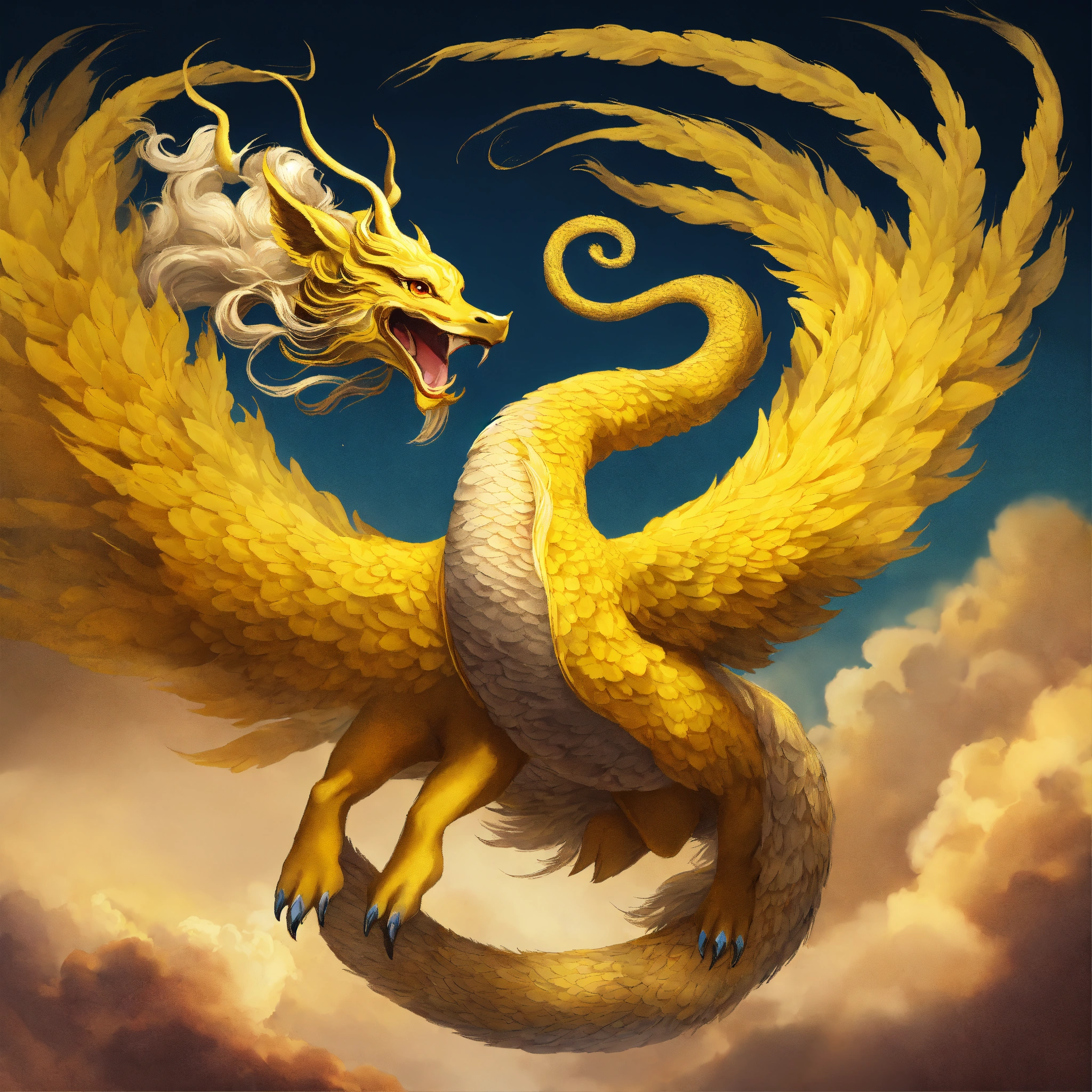 Lexica - Haetae, a korean mythical creature, above yellow cloud.