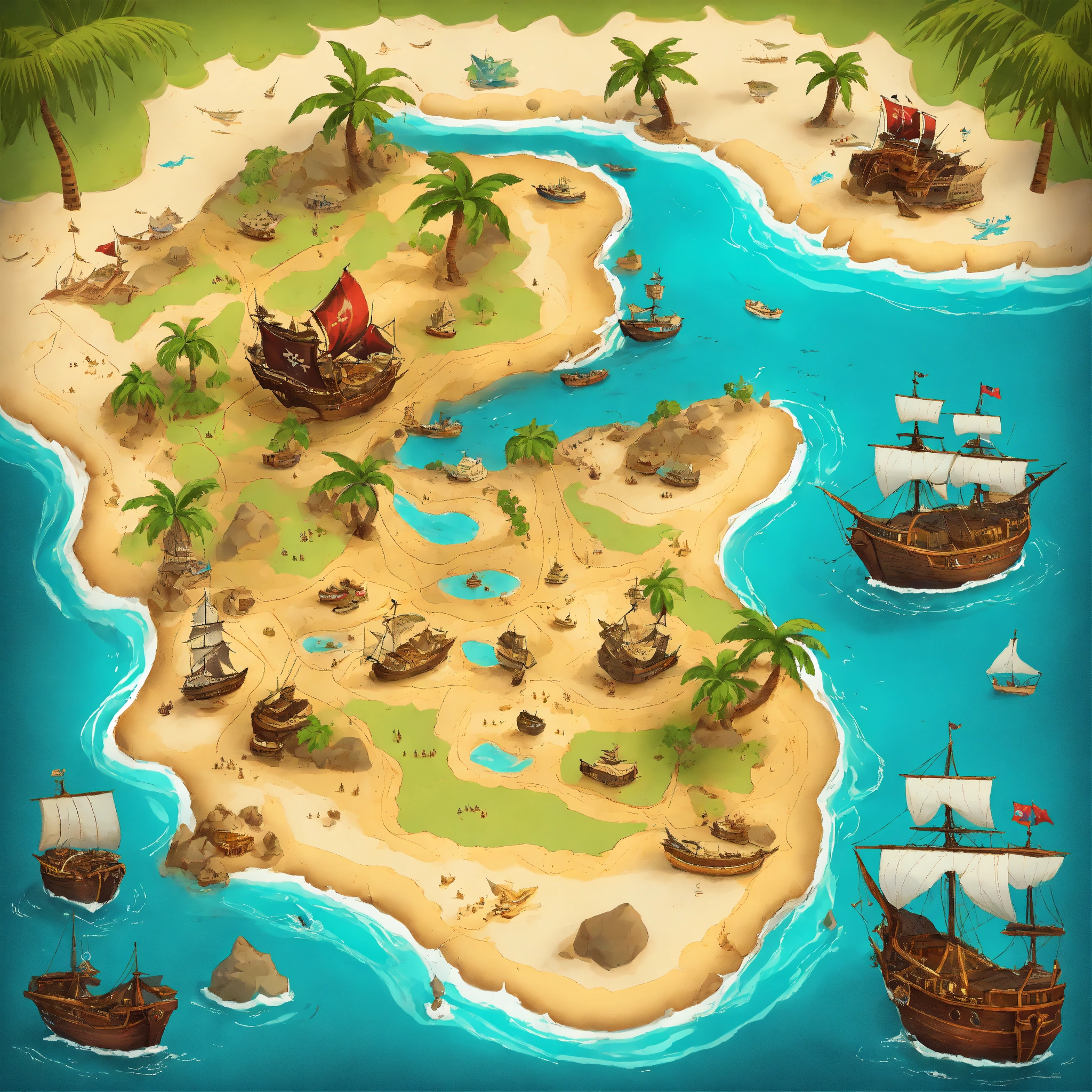 Lexica - Pirate map with ships and routes, on the background beach and ...