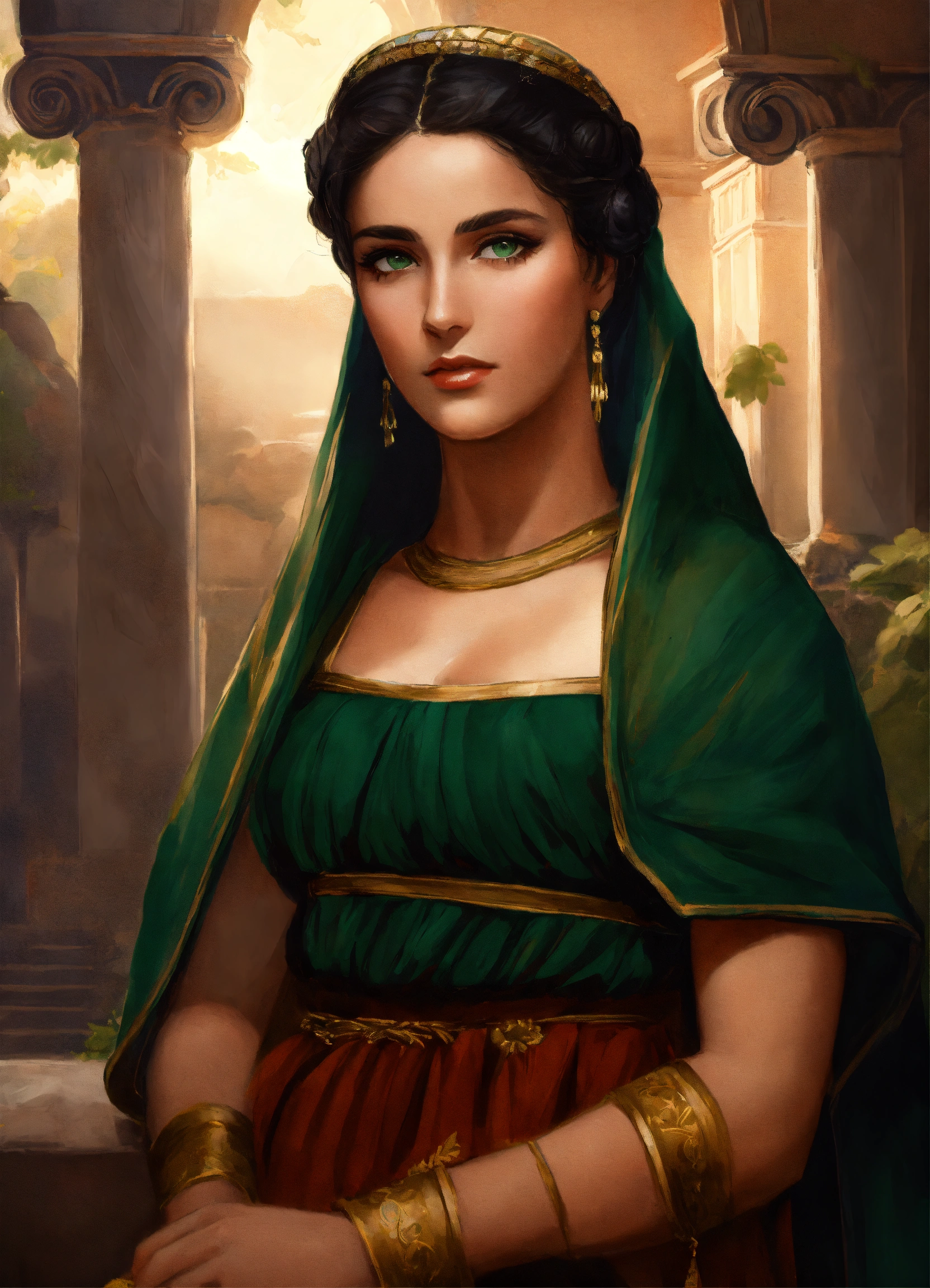 Lexica - A roman woman with dark hair and dark green eyes, hair in bun ...