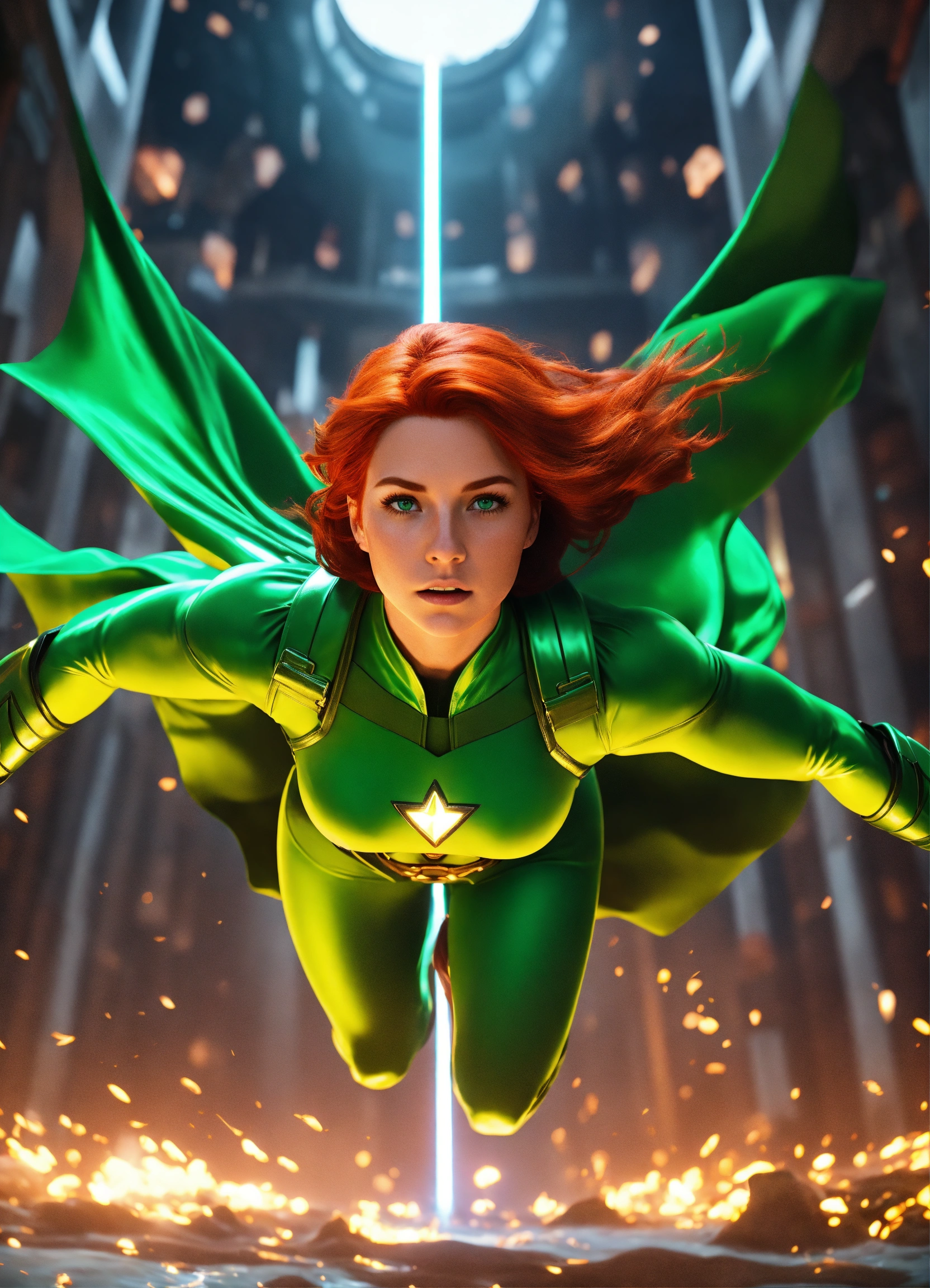 Lexica - Red-haired, green-eyed female superhero, floating down out of ...
