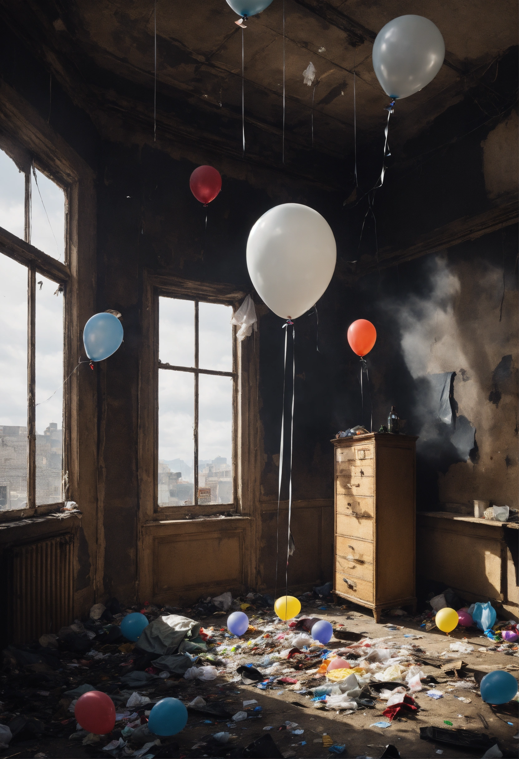 Lexica - A black and white striped balloon is hanging in the air, there ...