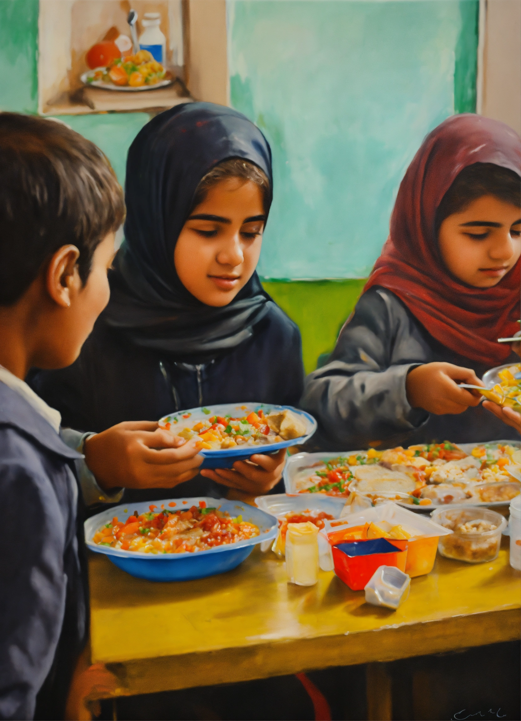 Lexica - A painting A Turkish school student sharing food in classroom ...