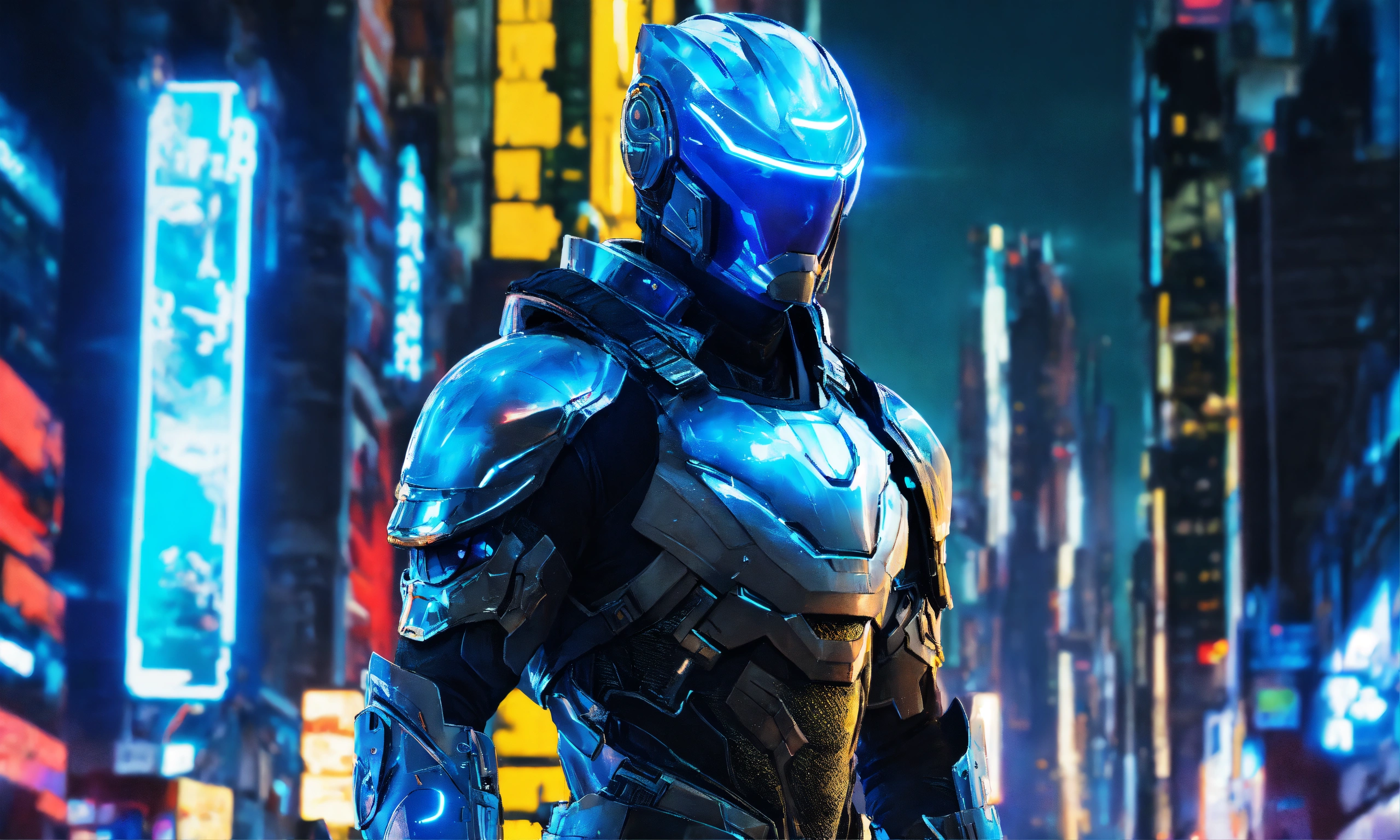 Lexica - Futuristic superhero, wearing a sleek suit of armor, neon blue ...
