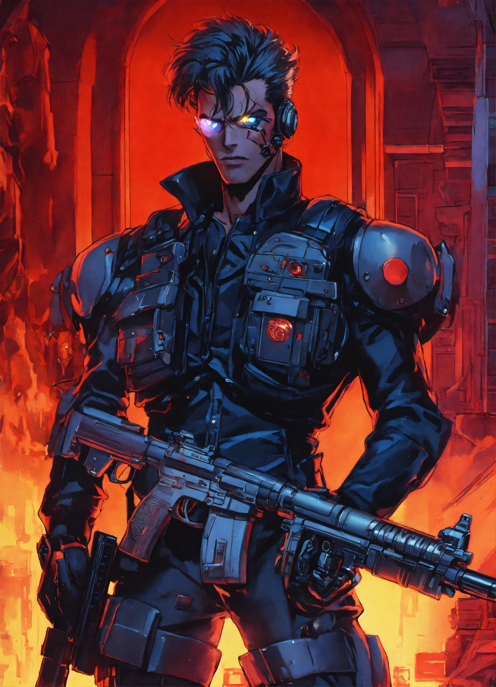Lexica - 80's anime evil terminator cyborg holding 2 shotguns, evil, gothic