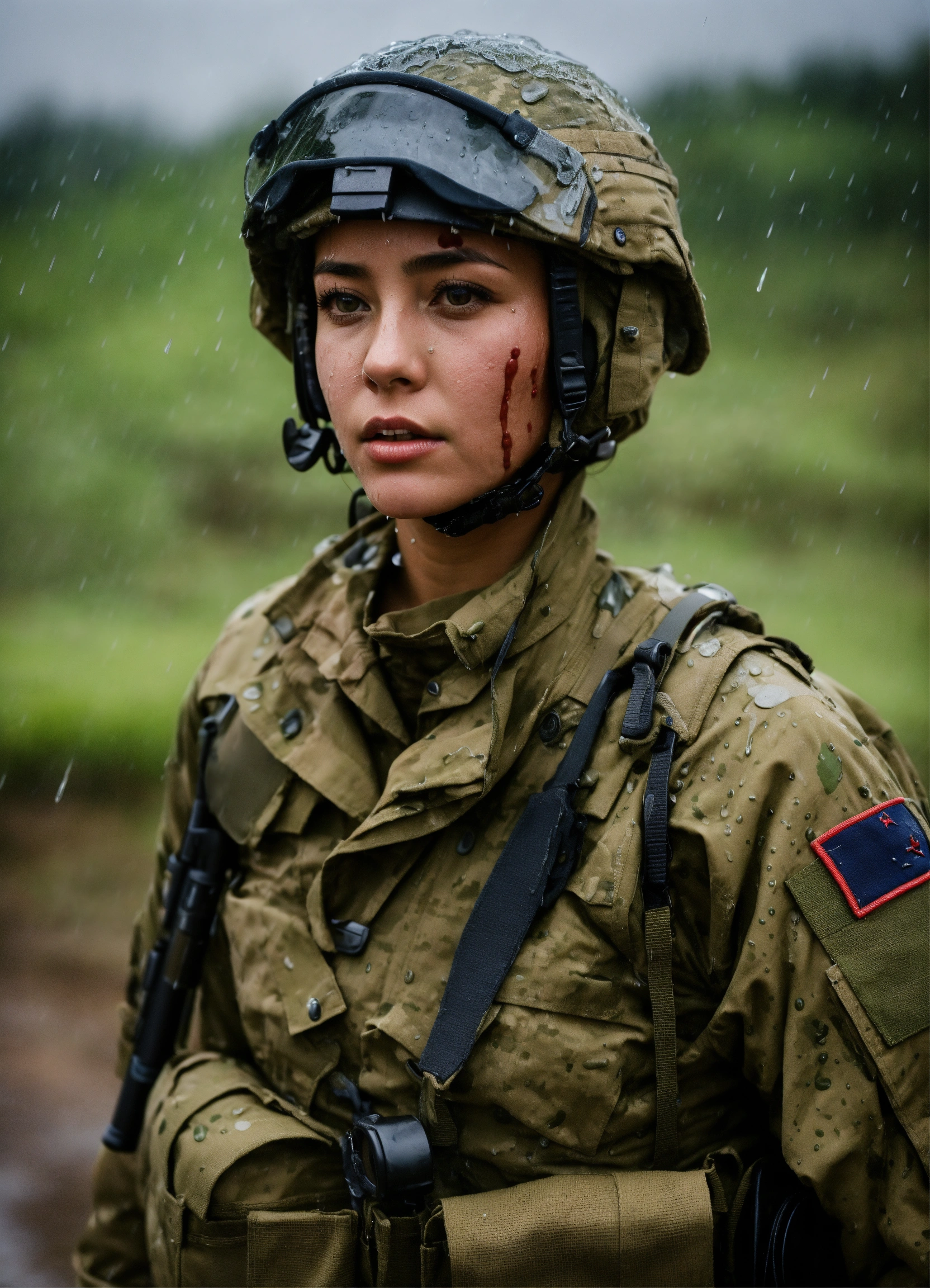 Lexica - Female soldier soaked in rain with wounds