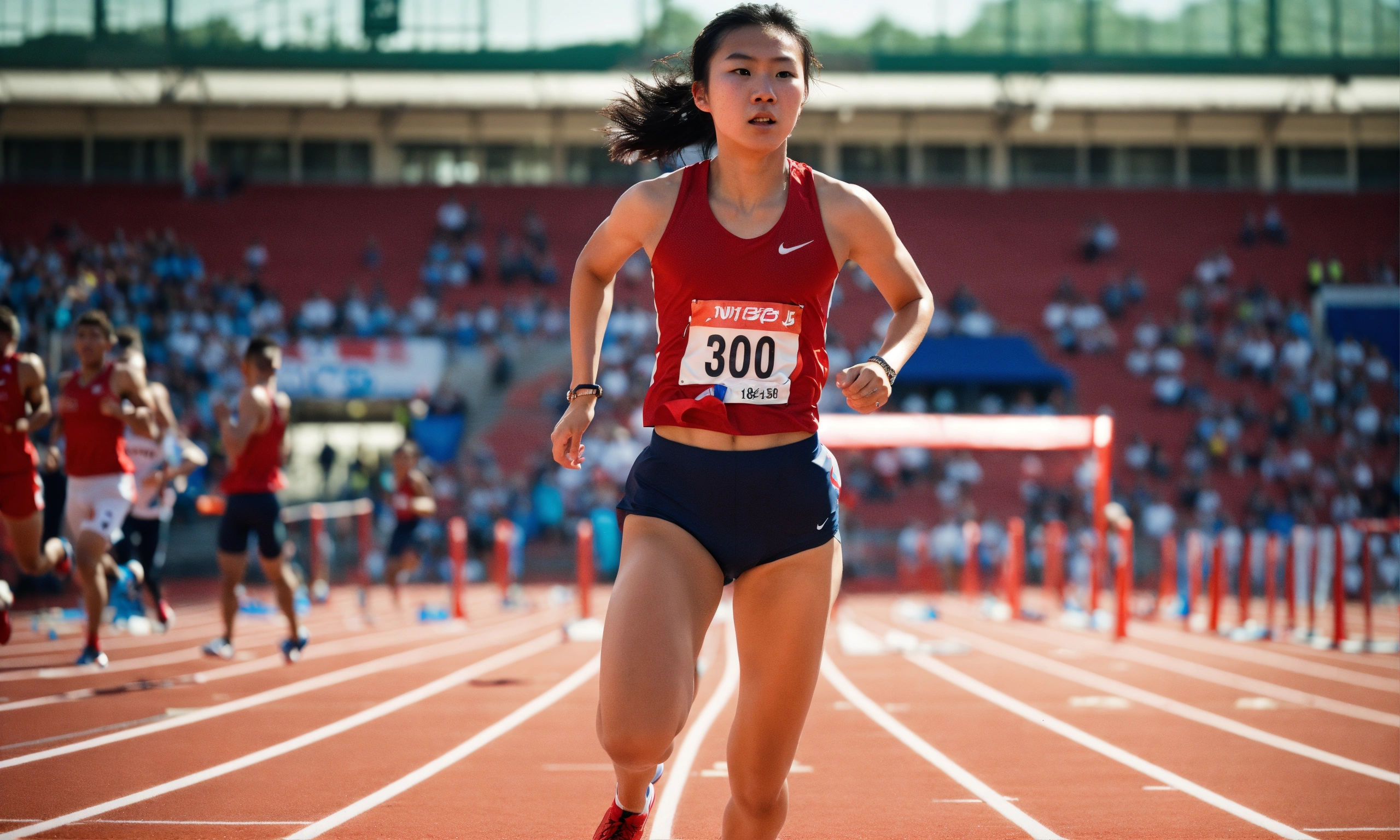 Lexica - Mid-day track field, full establishing shot, stadium finish ...