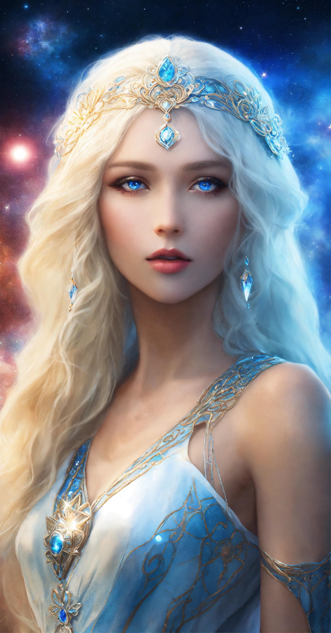 Lexica - Beautiful cosmic femme with crystal blue eyes, white skin and white blond hair cosmic ...