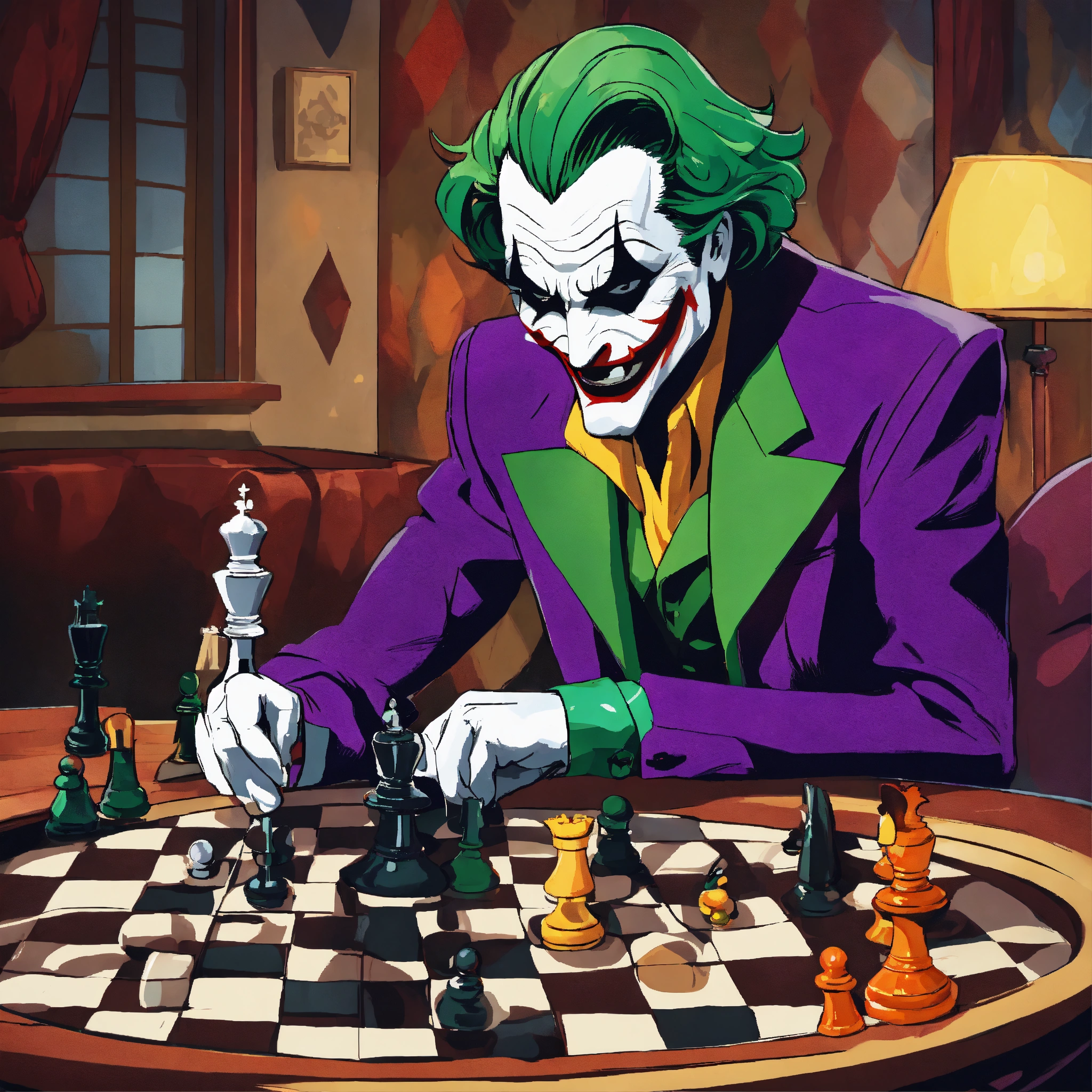 Lexica - Joker playing chess, cartoon style.