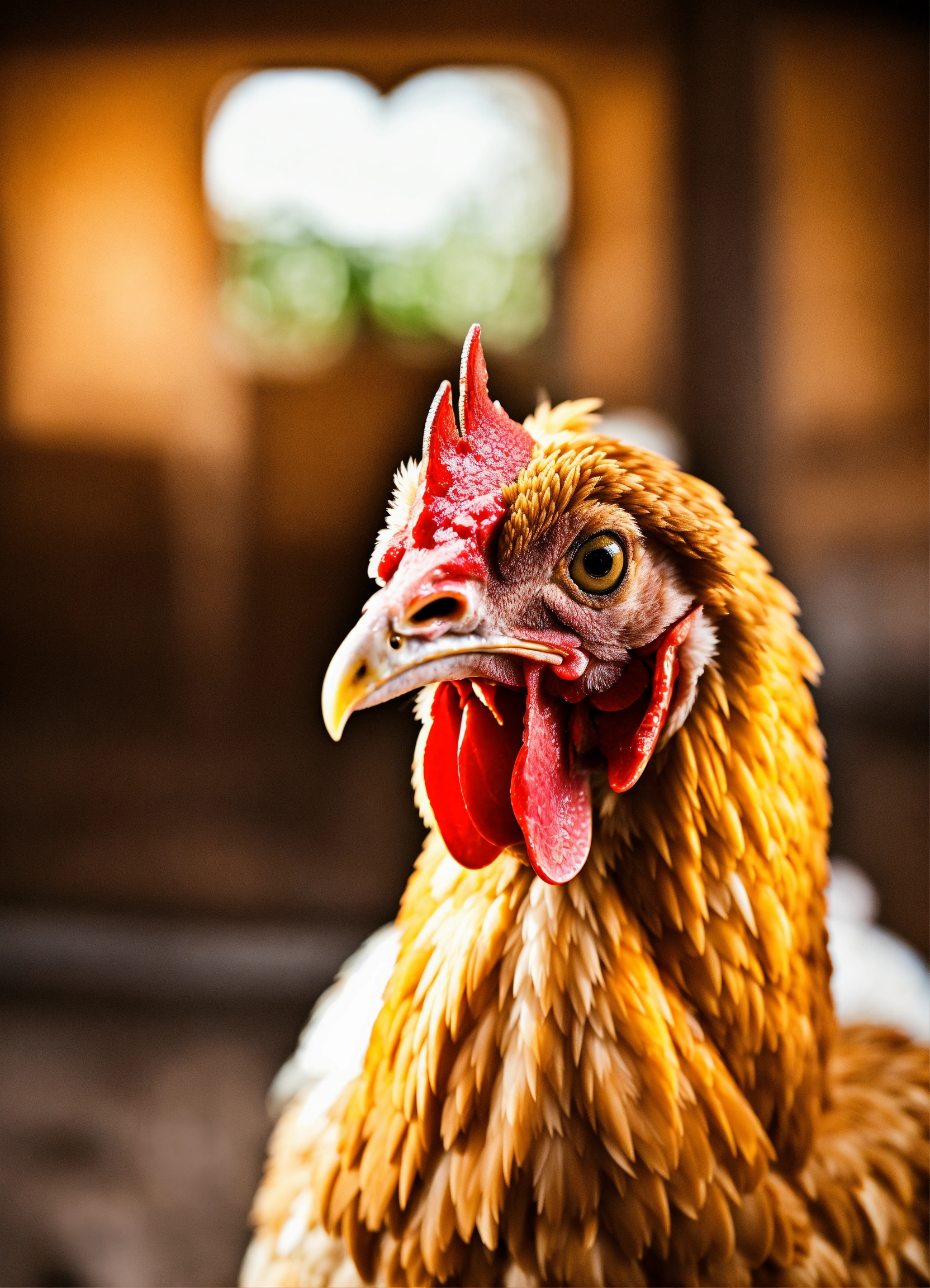 Lexica - Photo of a chicken head looking into the camera, lots of ...