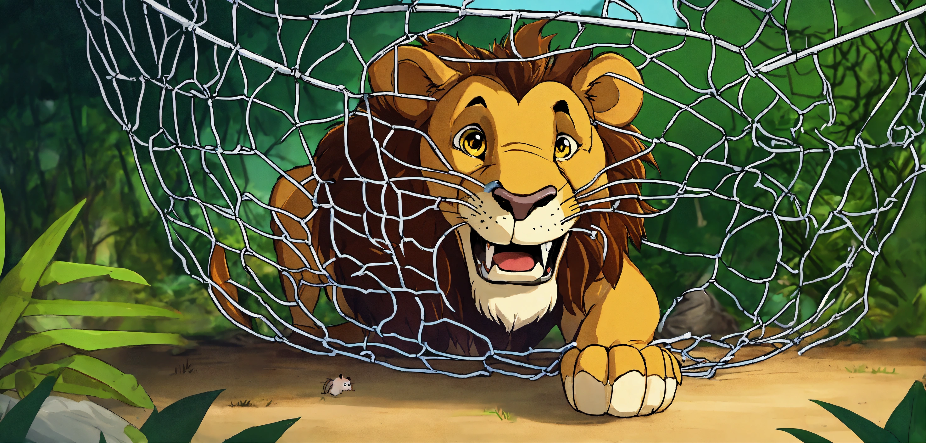 Lexica - Cartoon when big lion was trapped in net, hung to tree, with ...