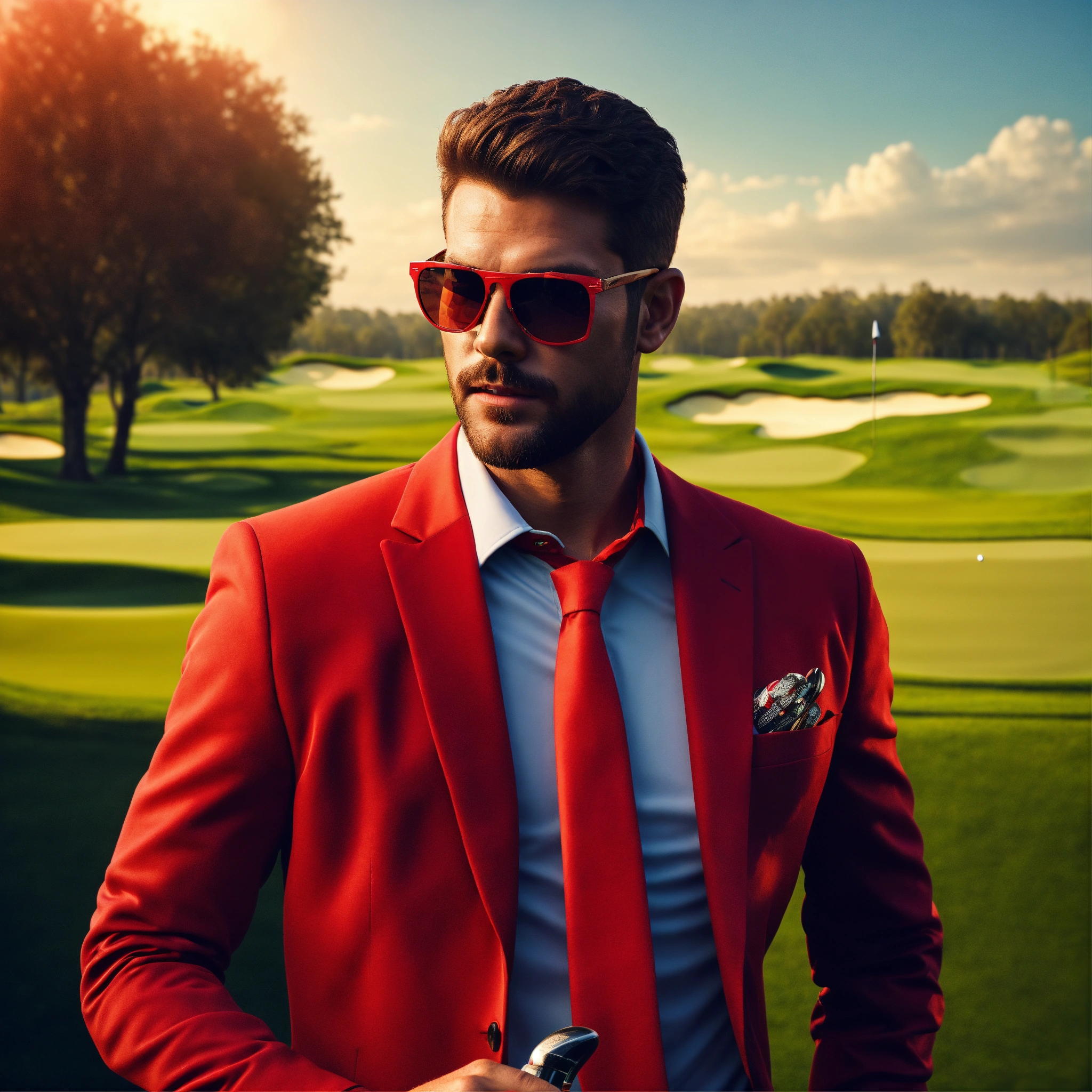 Lexica - 4k hd ultra realistic man red blazer, sunglasses. golf club on ...