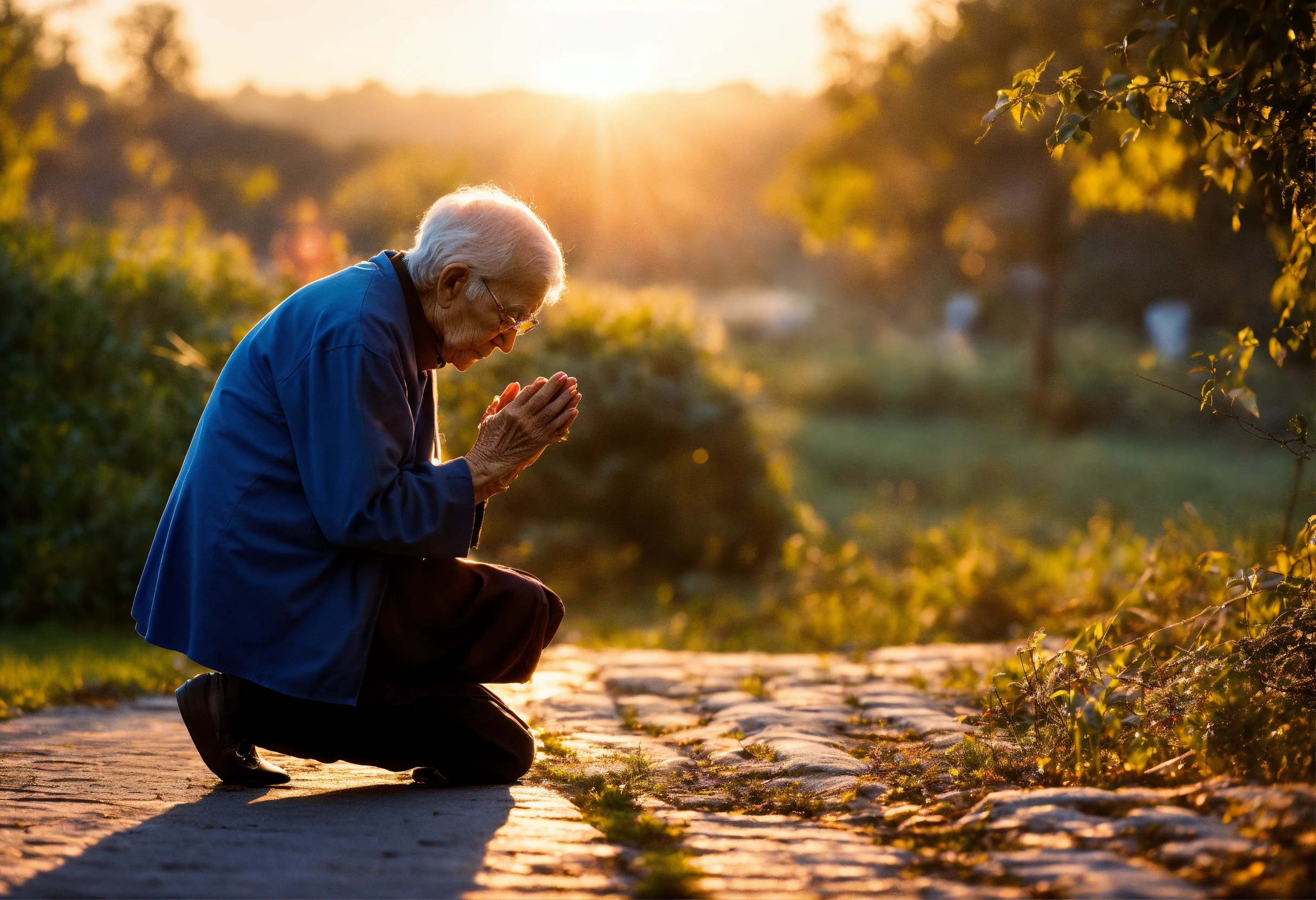 Lexica - Elderly person on their knees praying, at dawn rays of light