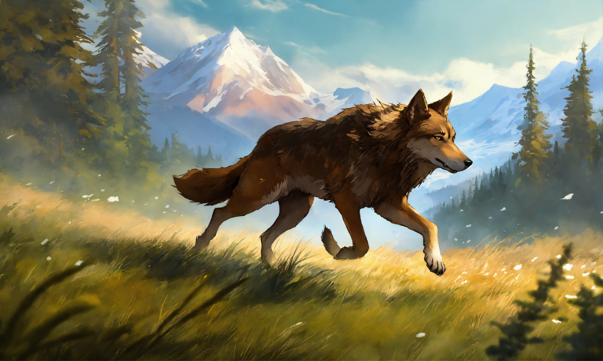 Lexica - Concept art of a brown wolf running through tall grassland ...