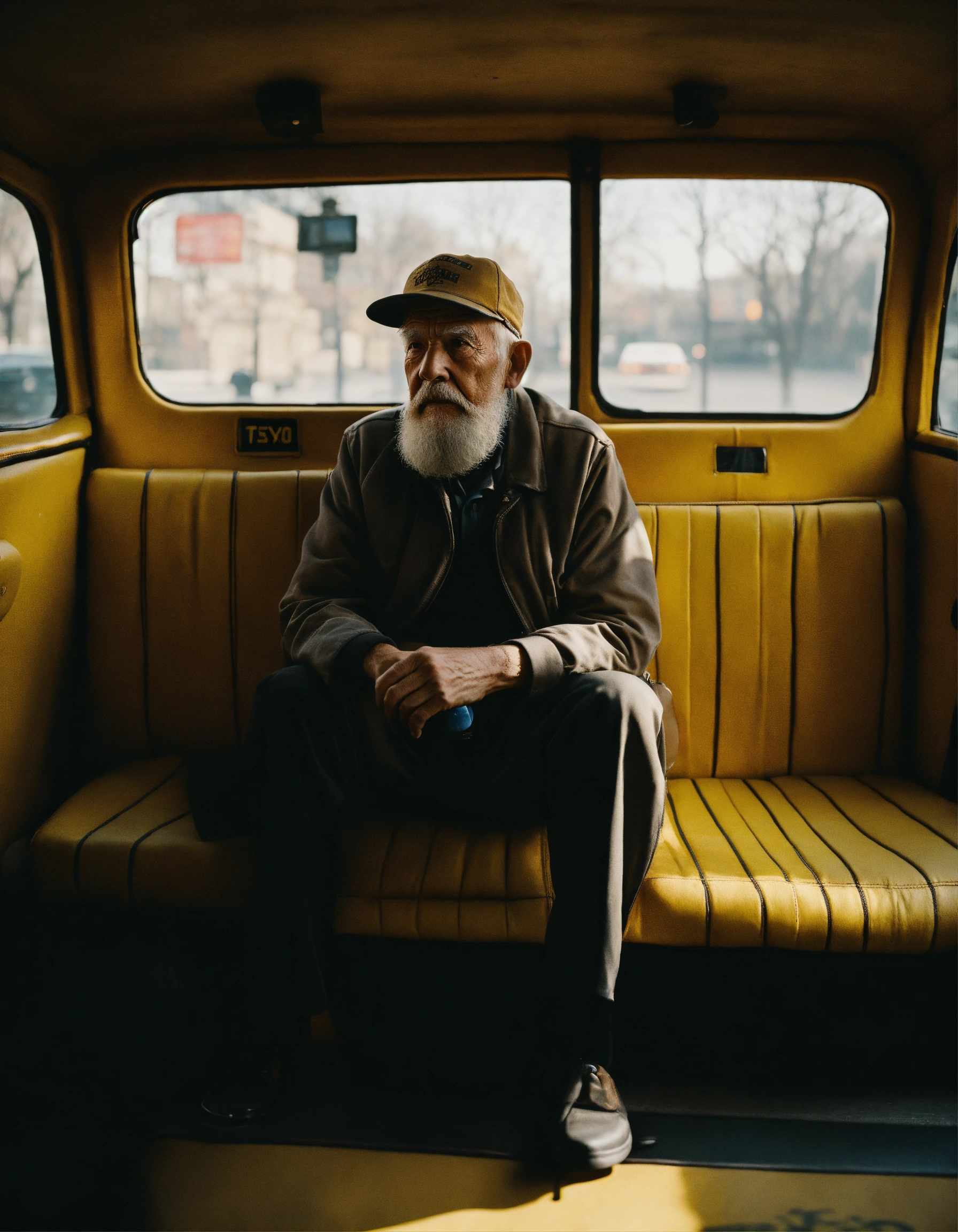 Lexica - A wise old man with black beard and baseball cap in a taxi cab ...