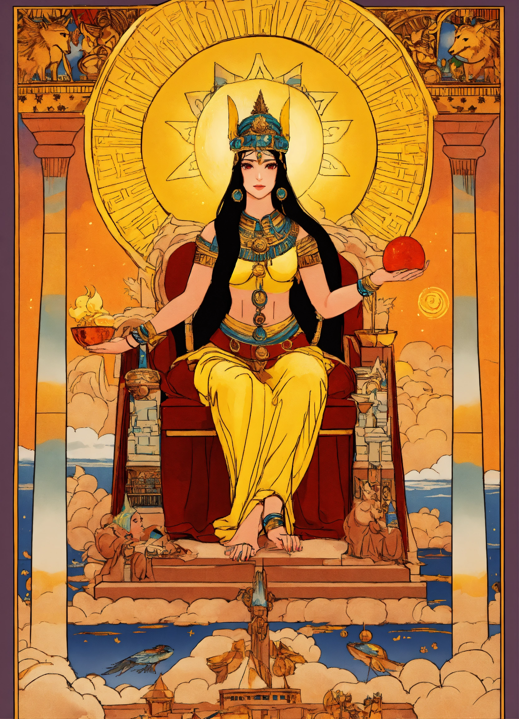 Lexica - The goddess ishtar sitting on a throne in the sky and blessing the people on earth