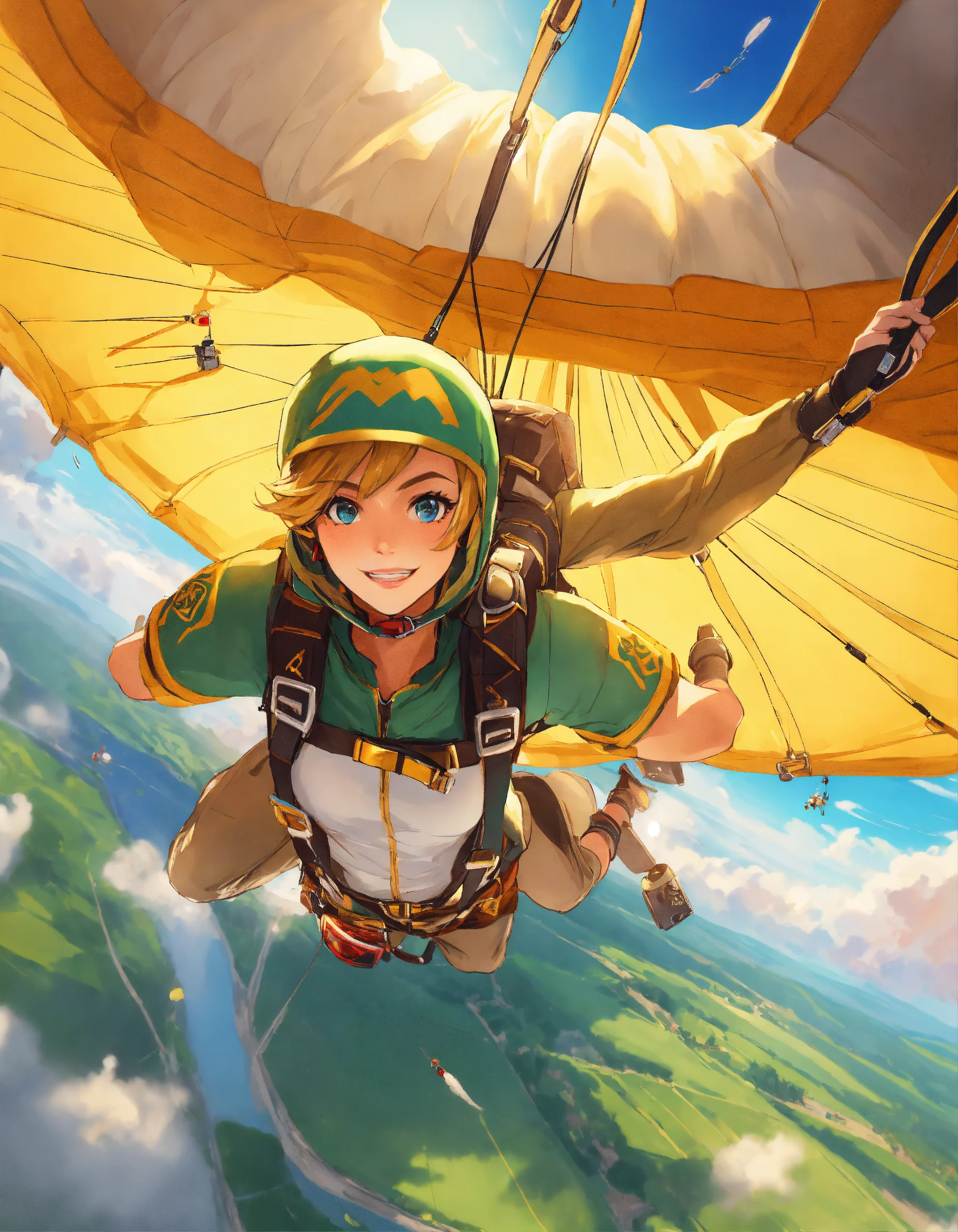Lexica - Selfie of Link skydiving with a paraglider, in a black and ...