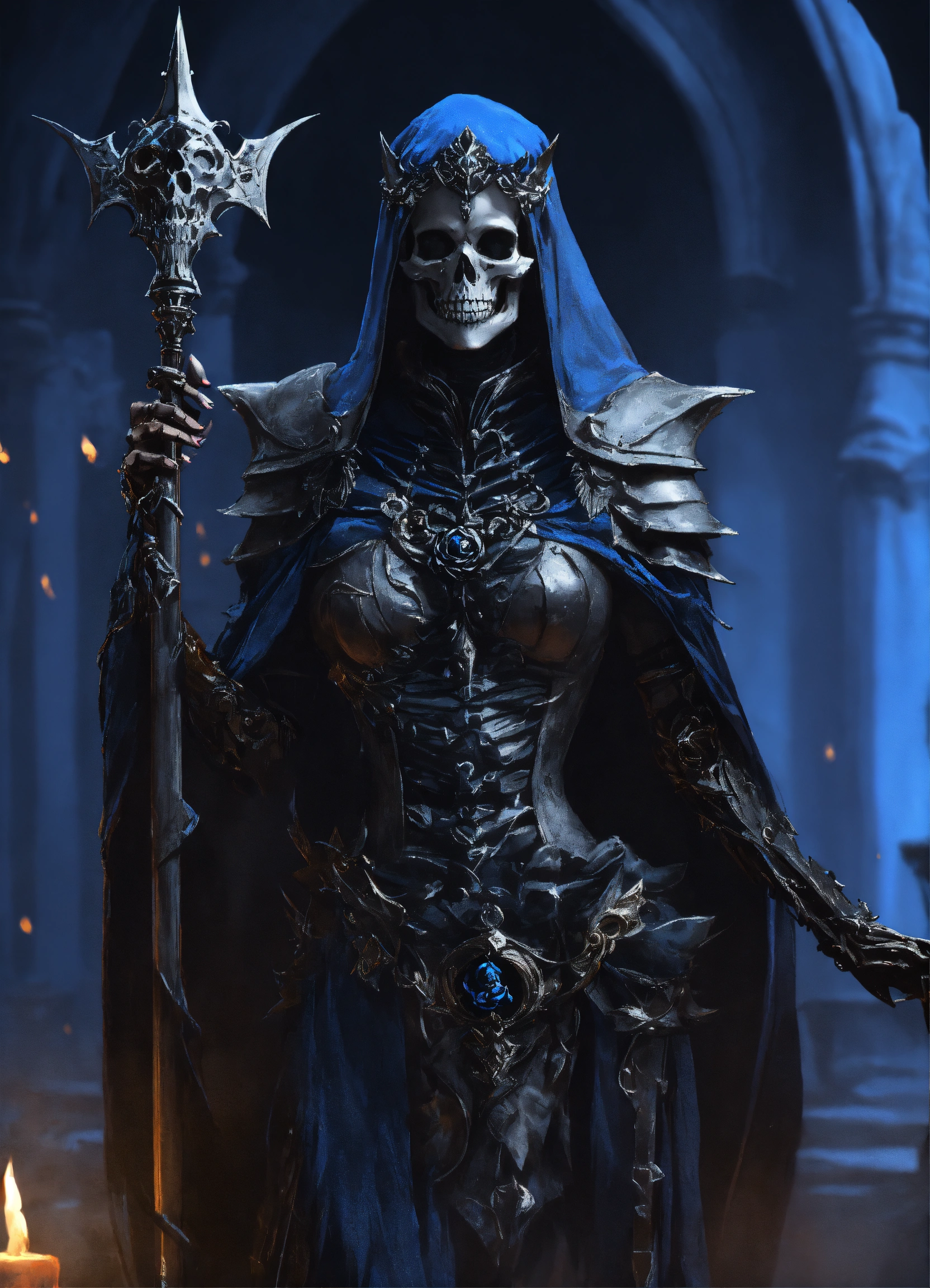 Lexica - Skeletal female lich queen with charcoal silk garbs covering her. A blue flag with a ...