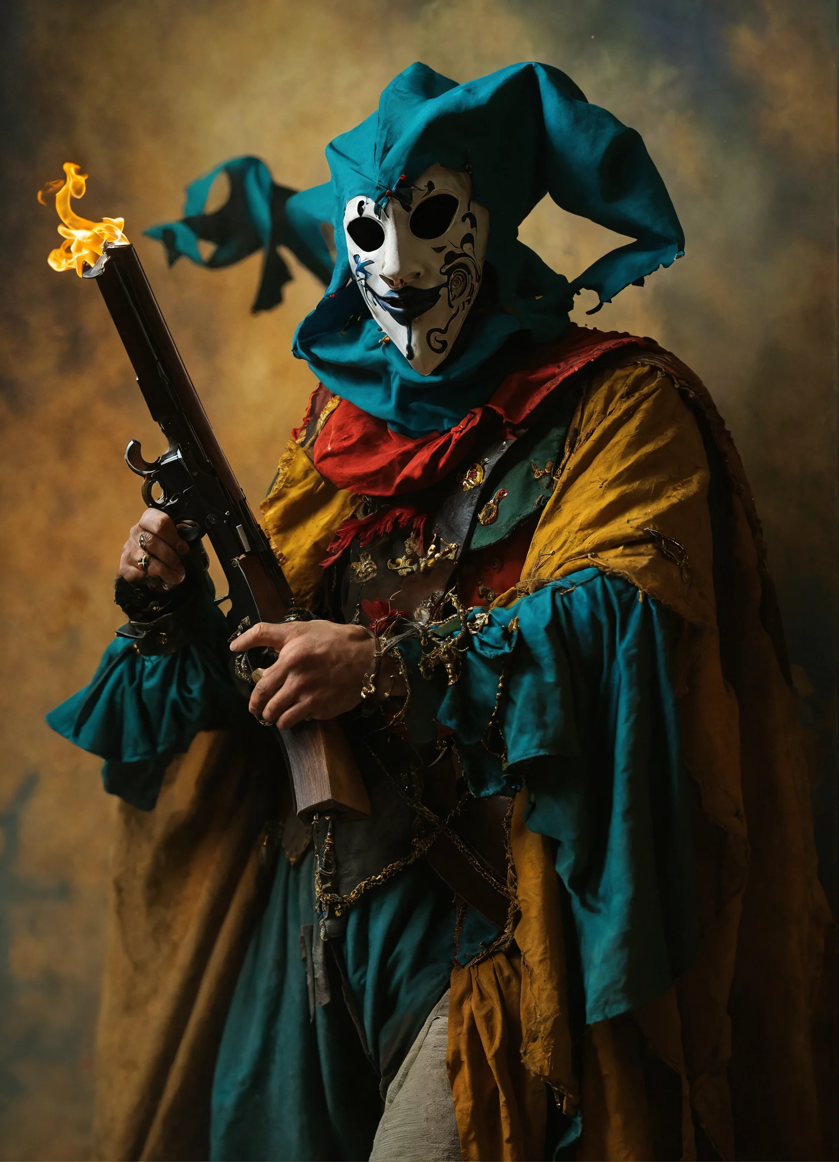 Lexica - Jester, bard in a mask, in a dust cloak with pistols