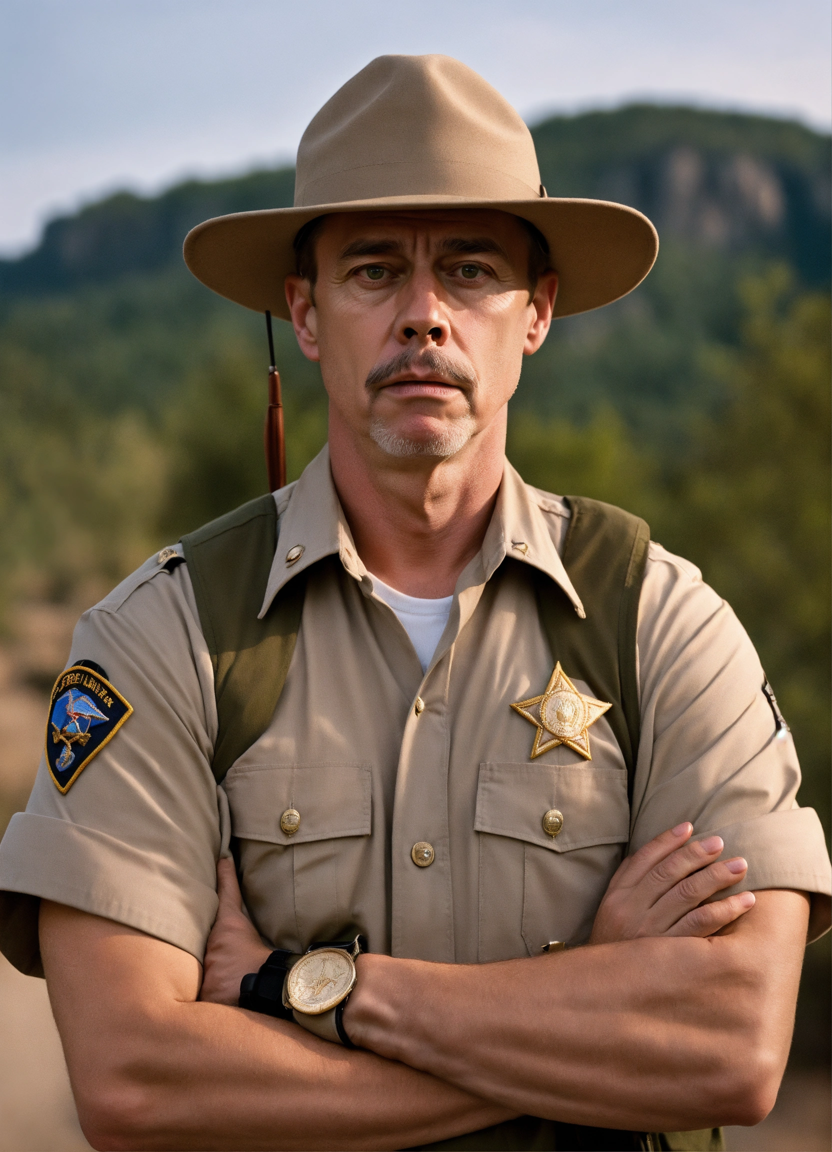 Lexica - Scared man, US PARK RANGER, FRONT VIEW, casual clothes, arms ...