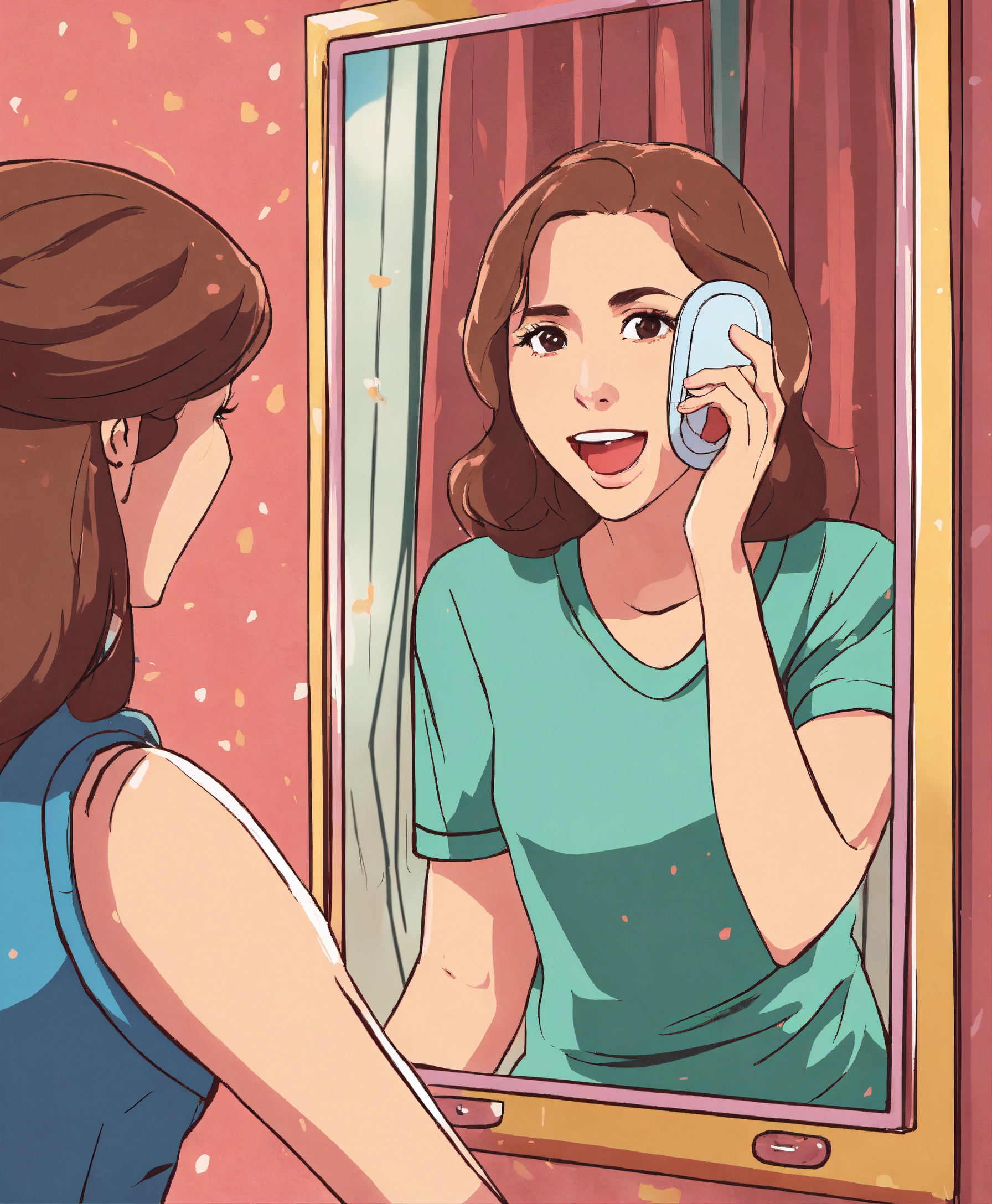 Lexica - Wikihow art. A woman looking at herself in the mirror, with an expression of surprise ...