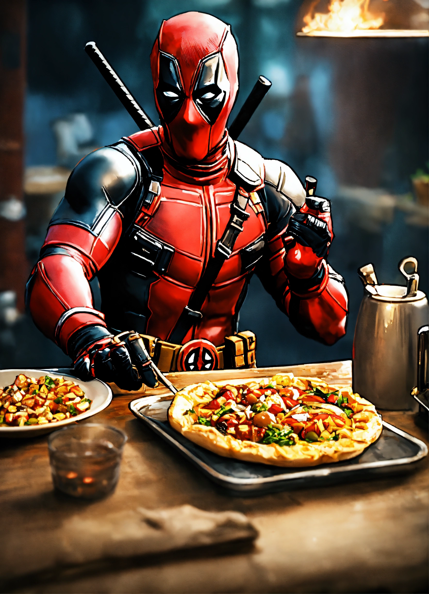Lexica - Deadpool holding an coking a meal, unreal engine render, 8k