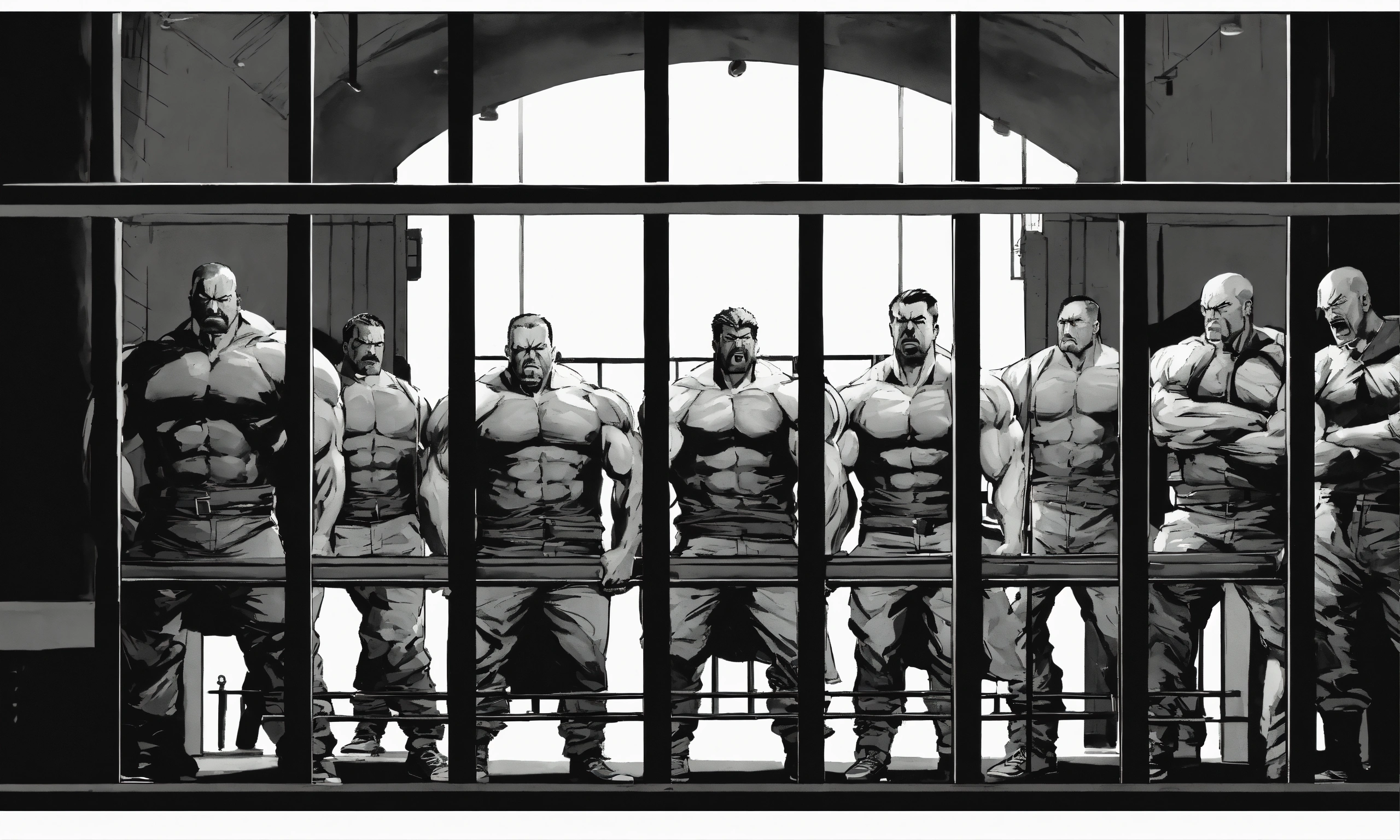 Lexica - A black and white illustration of angry men in jail, behind ...