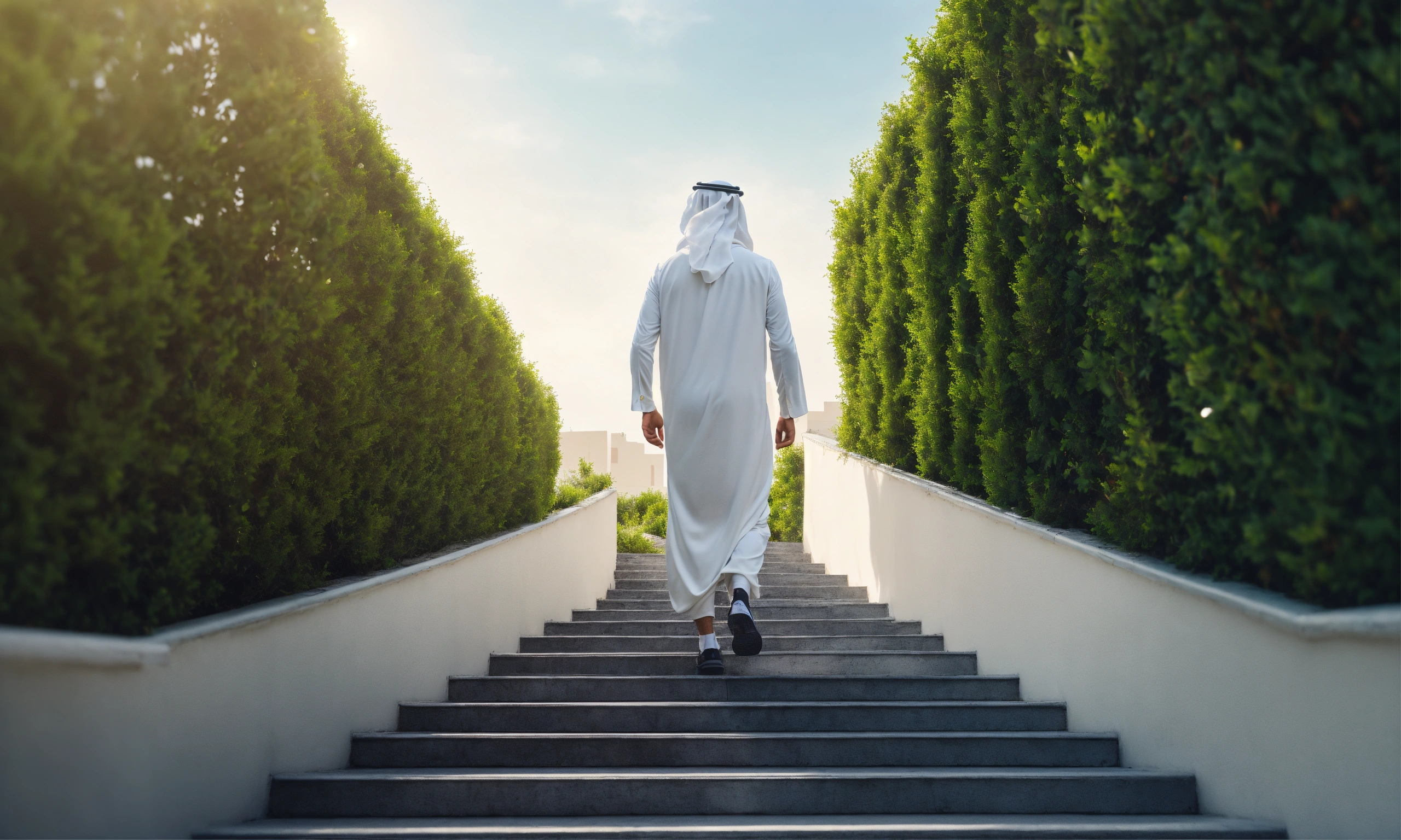 Lexica - Saudi man climbing up six steps only, white costume, photo ...