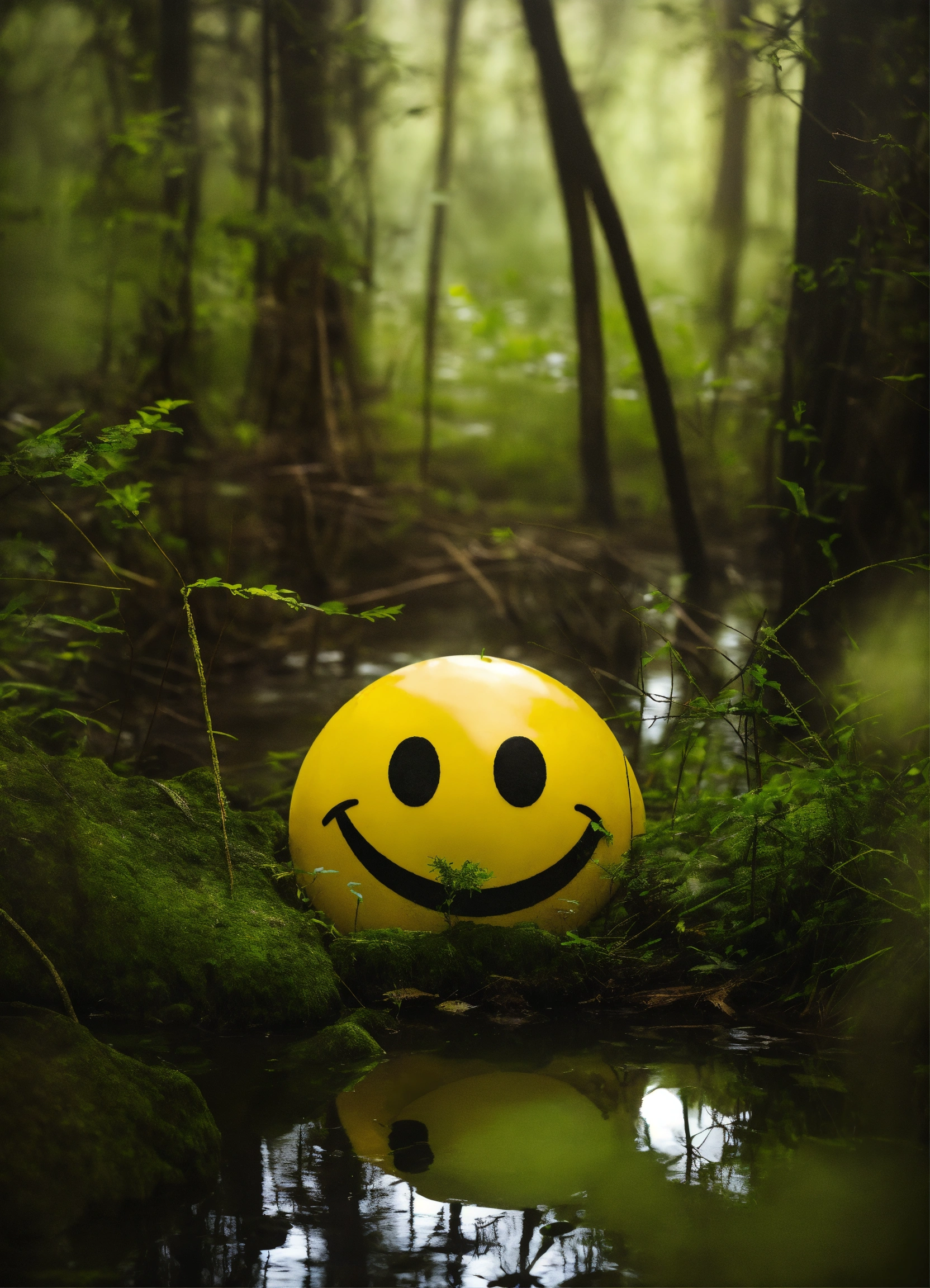 Lexica - Floating creepy smiley face in swamp dark estetic