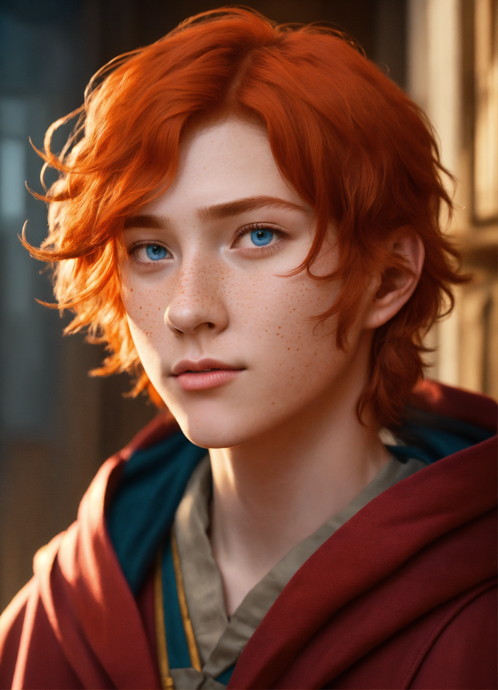 Lexica - 13-year-old male, red hair, freckles, blue eyes, long nose ...