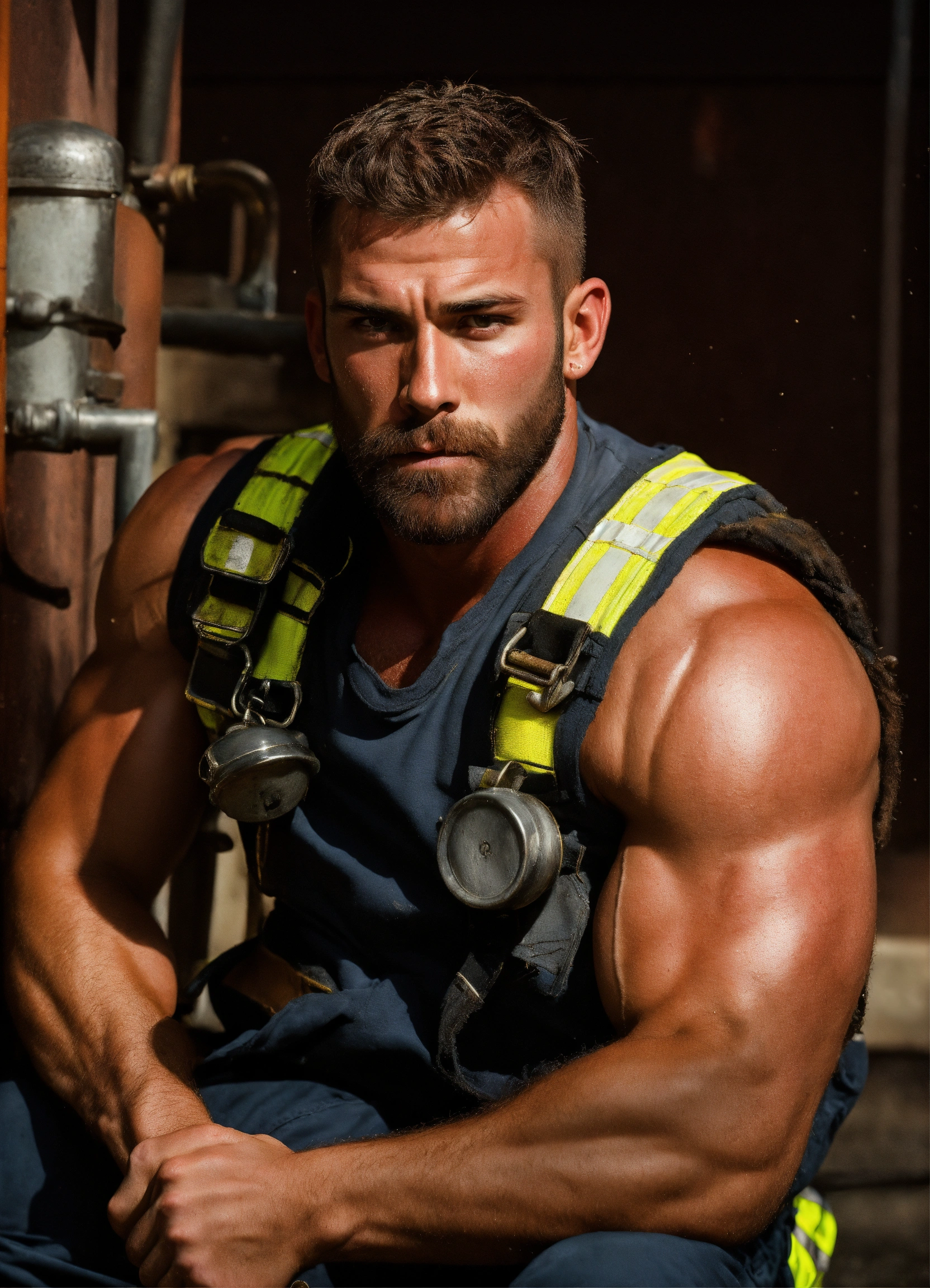 Lexica - Rugged handsome fireman, sweaty hairy and muscular