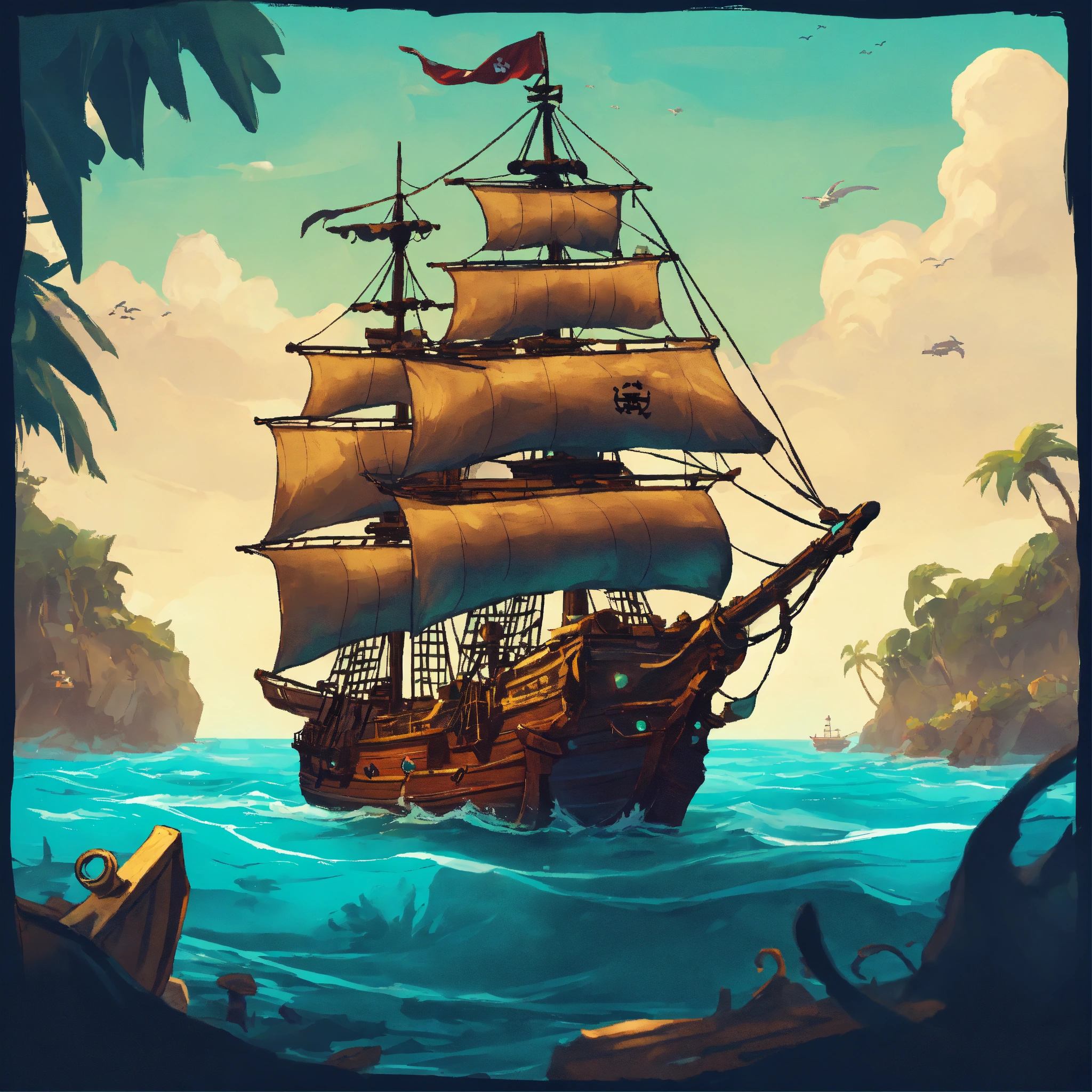 Lexica - Ocean and pirate ship in profile, detailed hand illustration ...