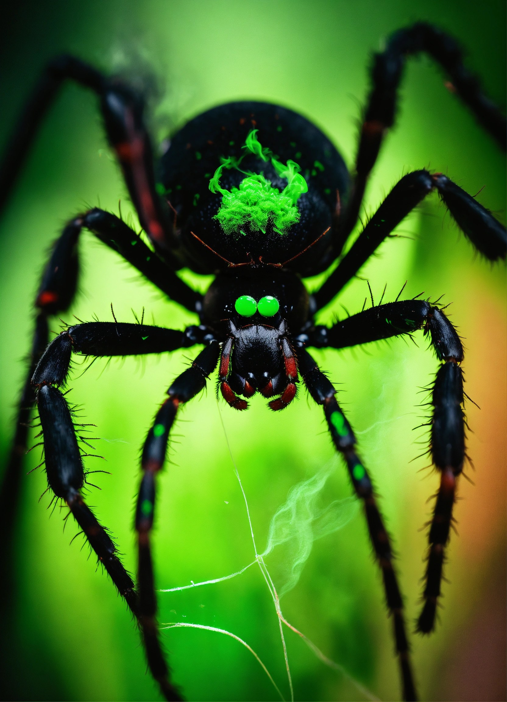 Lexica - Black widow spider with green smoke around her, neon green ...