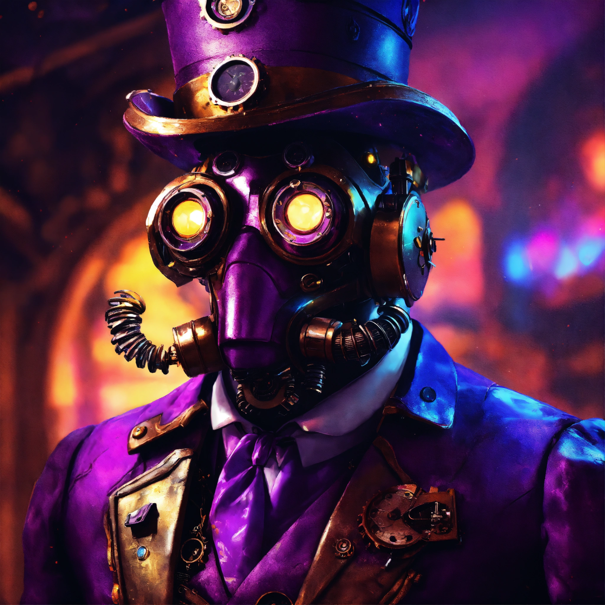 Lexica - Steampunk robot, purple mustache, brightly painted, dark ...