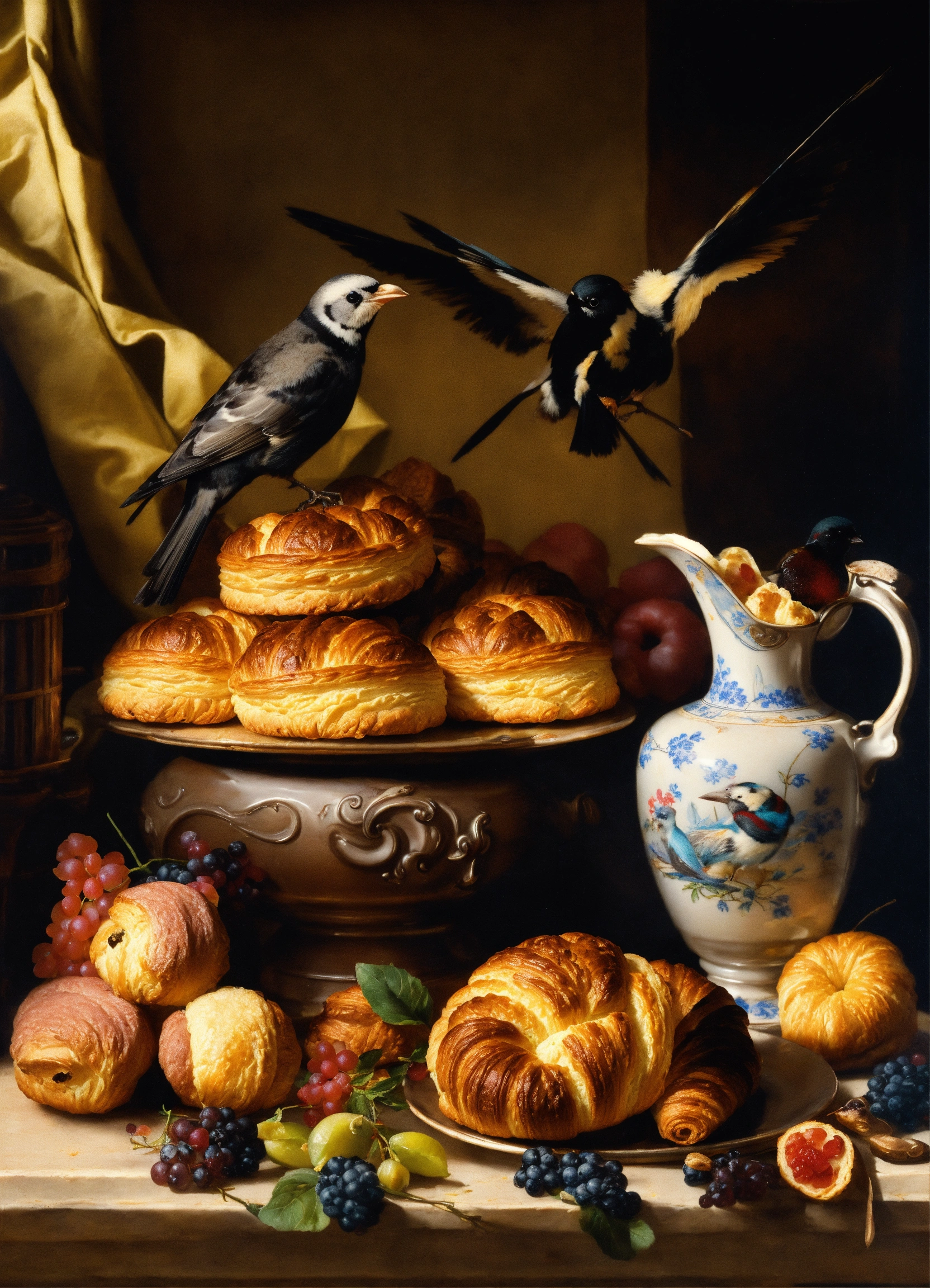 Lexica - Vanitas still-life pain au chocolat, croissant pastries, birds ...