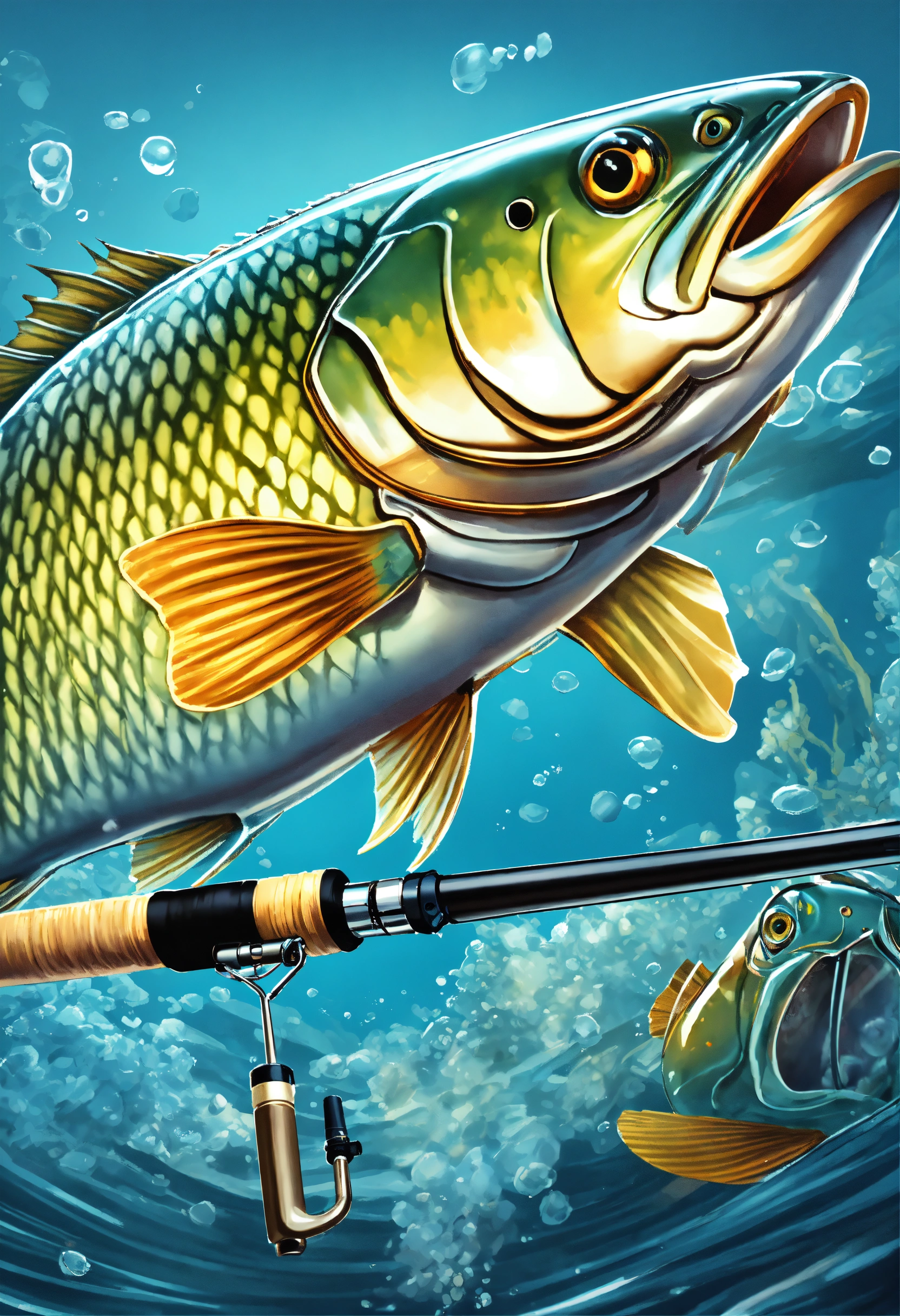 Lexica - A close up of a fish with a fishing rod and a reel, highly ...