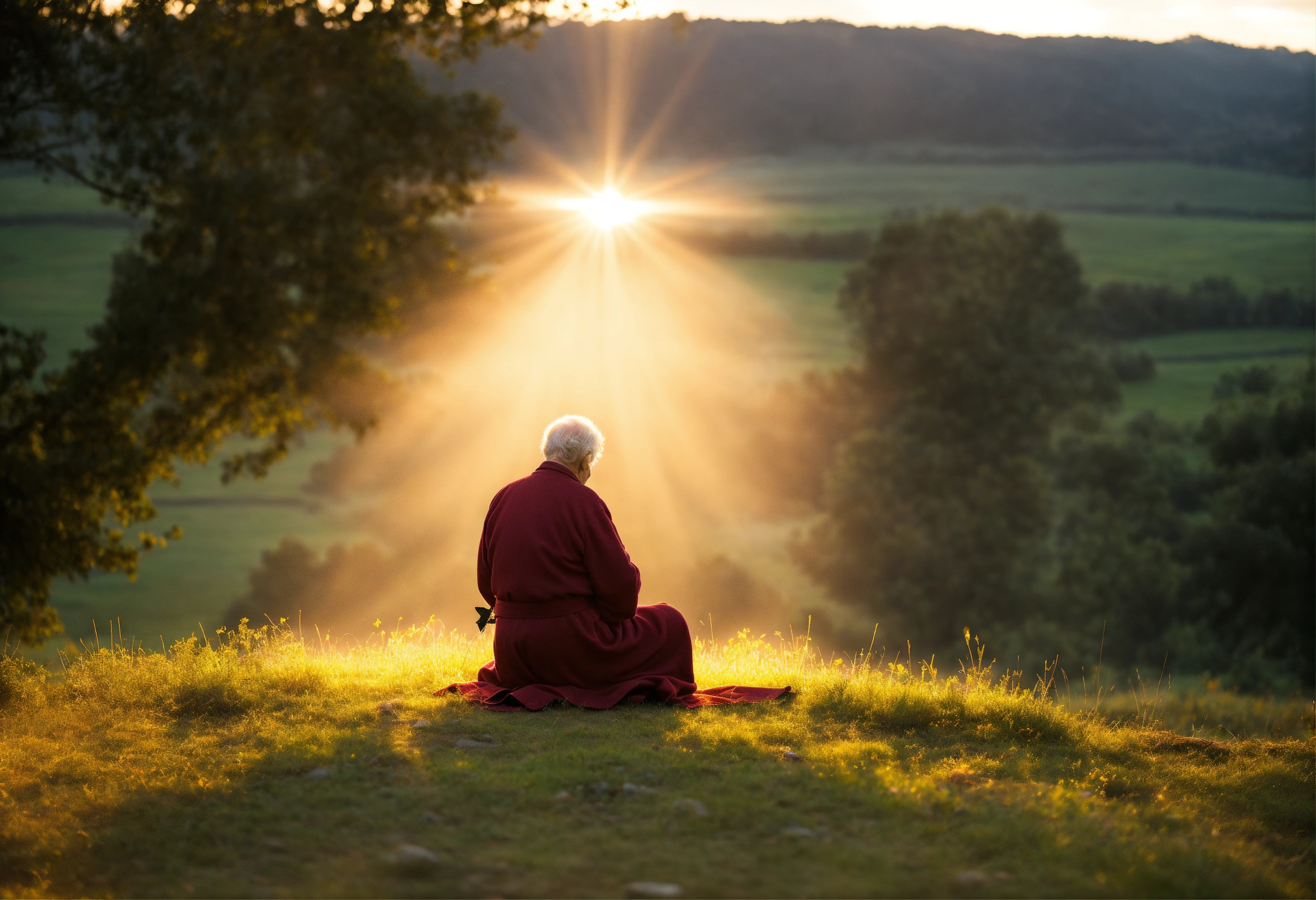 Lexica - Elderly person on their knees praying, at dawn rays of light