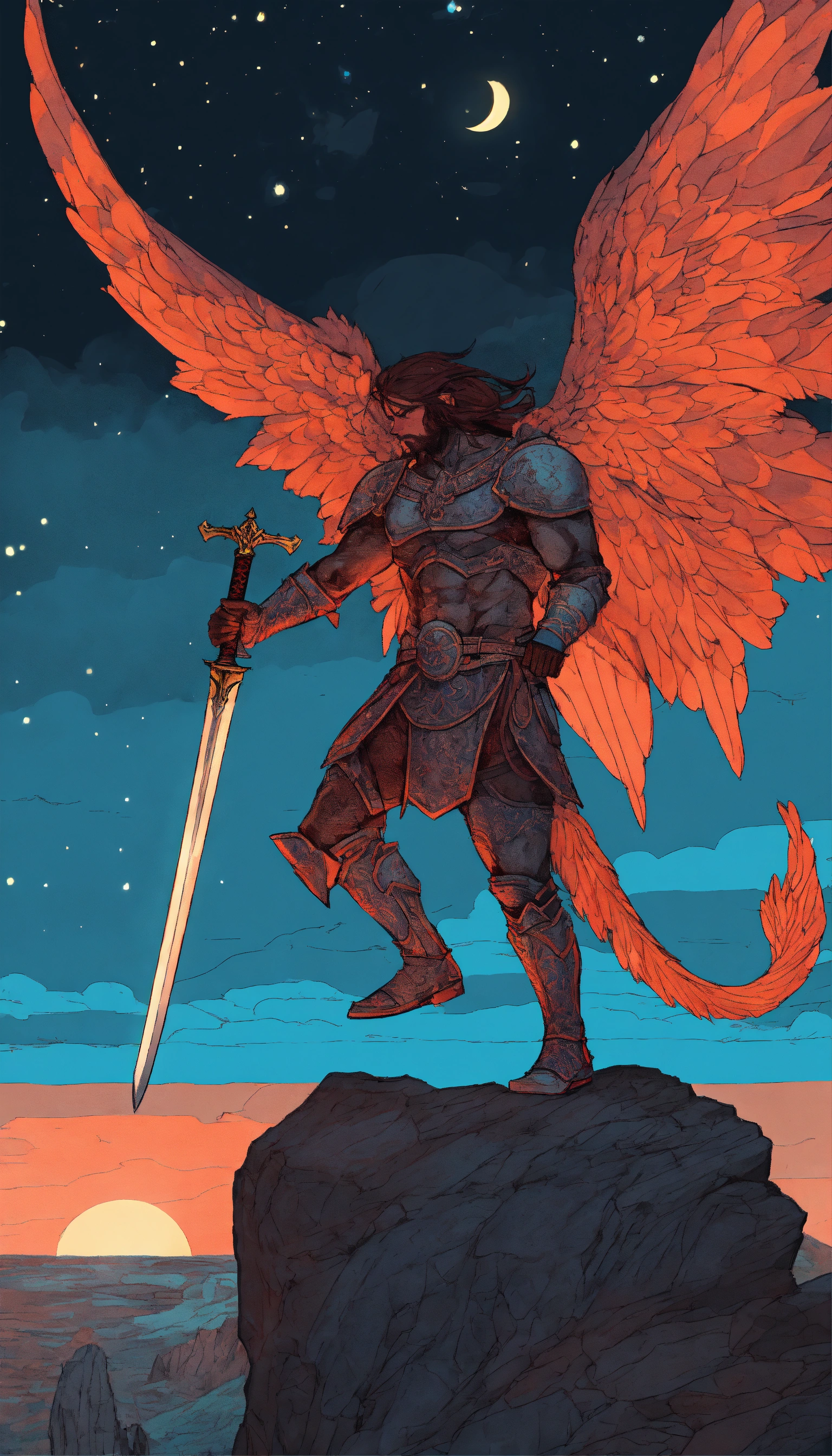 Lexica - Drawing of a mythical creature with muscles, wide wings, sword ...