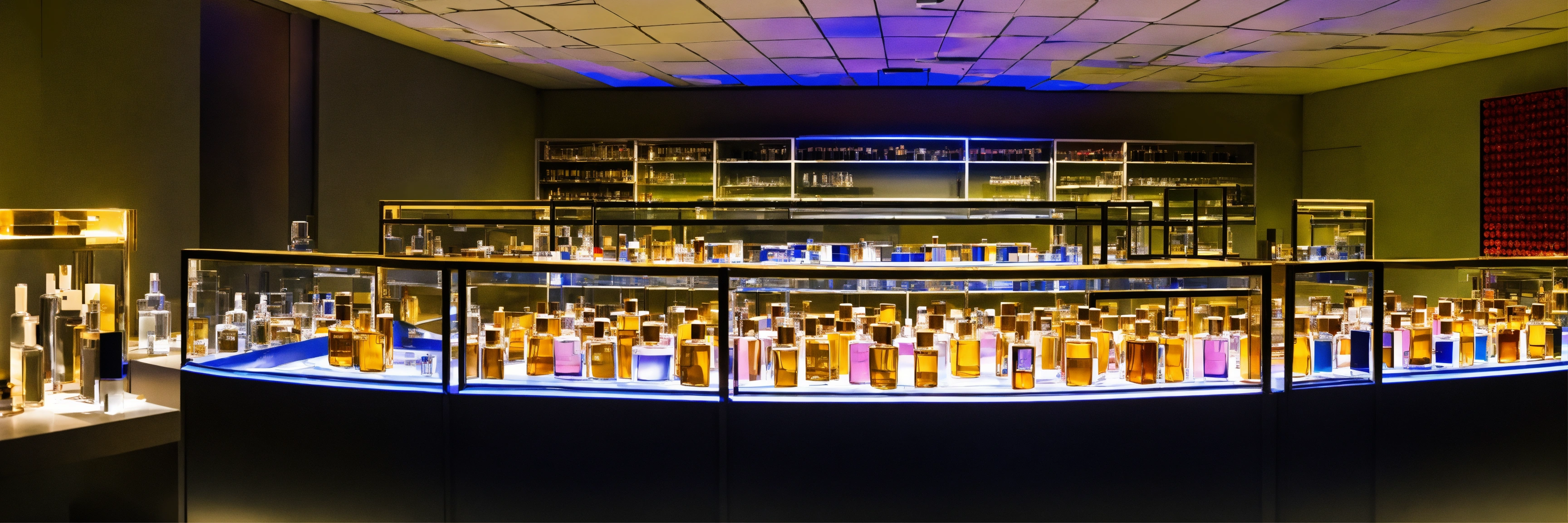 Lexica - Wide view, inside a modern perfume laboratory, perfume bottles ...