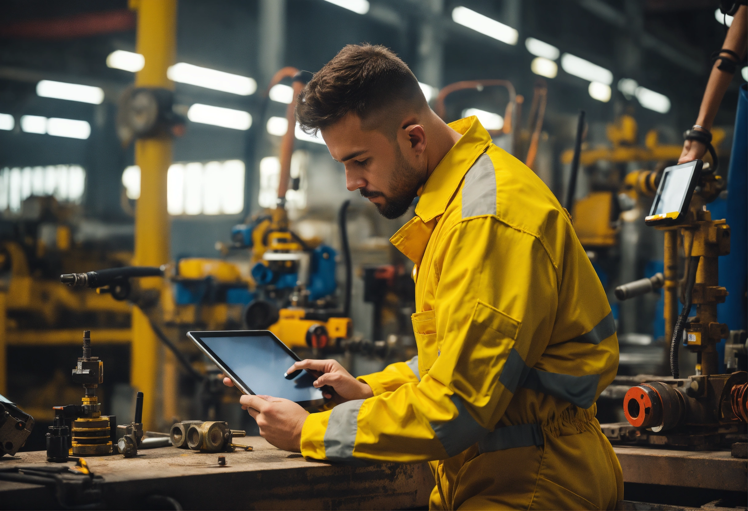 Lexica - An industrial mechanic in a yellow work suit stands in a ...