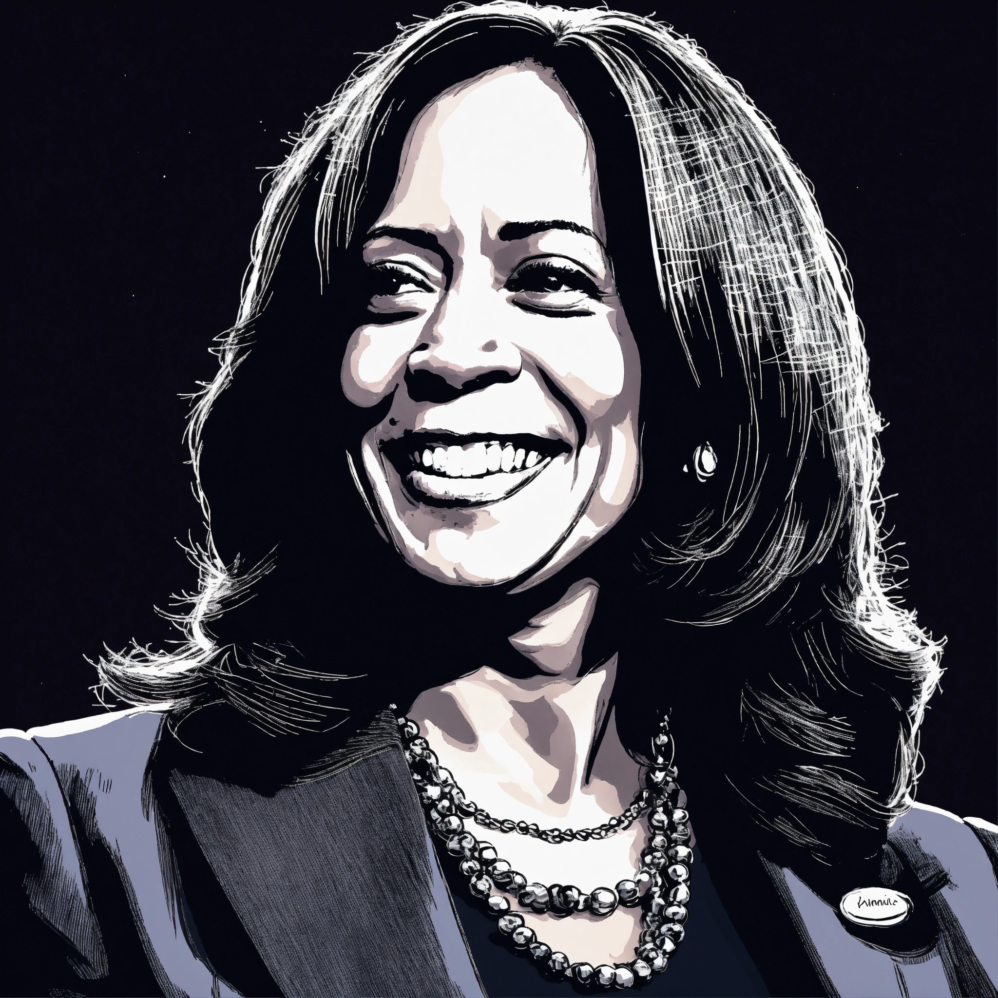 Lexica - Create a portrait of Kamala Harris on a black background.