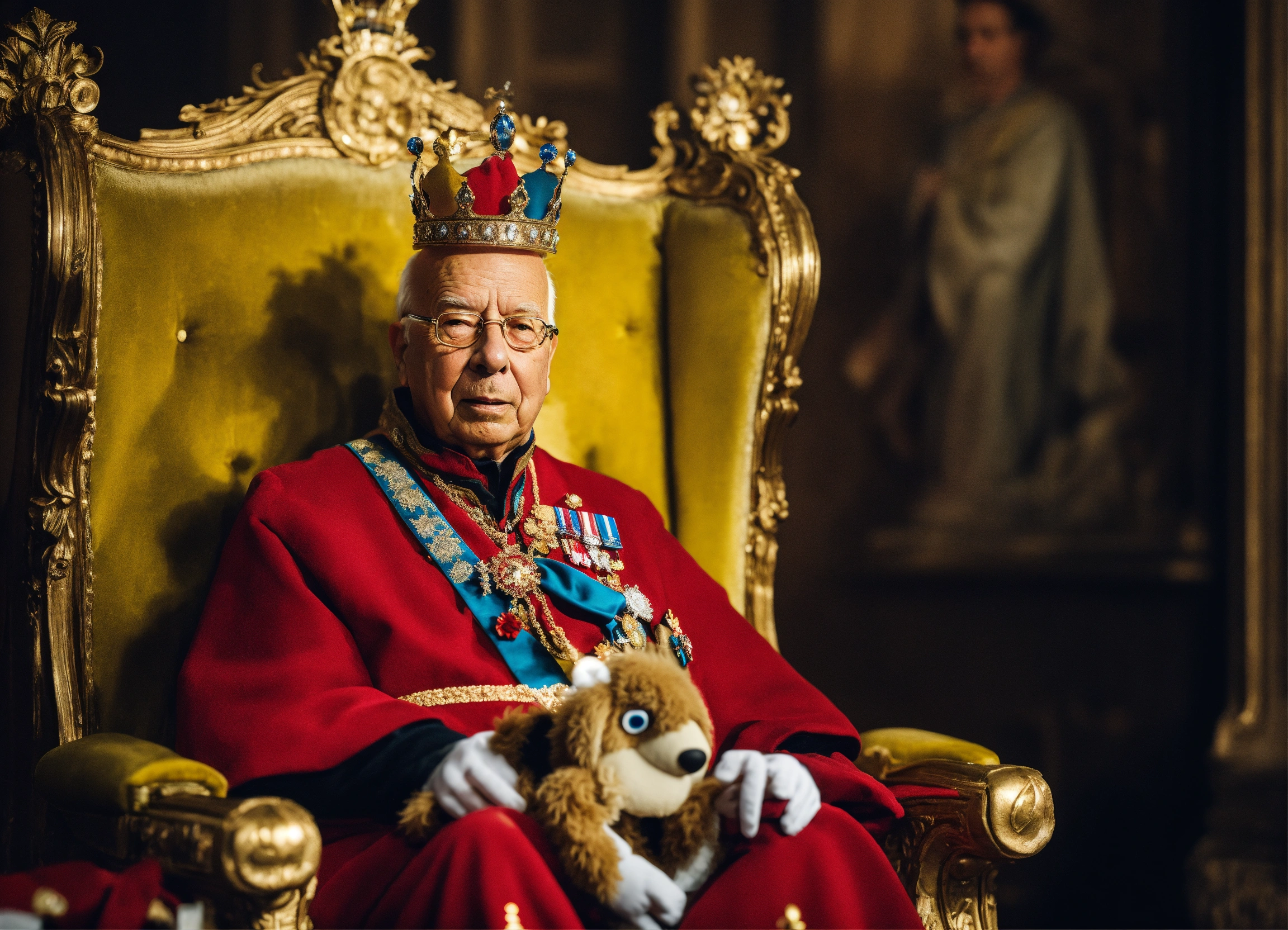 Lexica - VERY OLD KLAUS SCHWAB SITTING IN A CHAIR WEARING A CROWN A ...